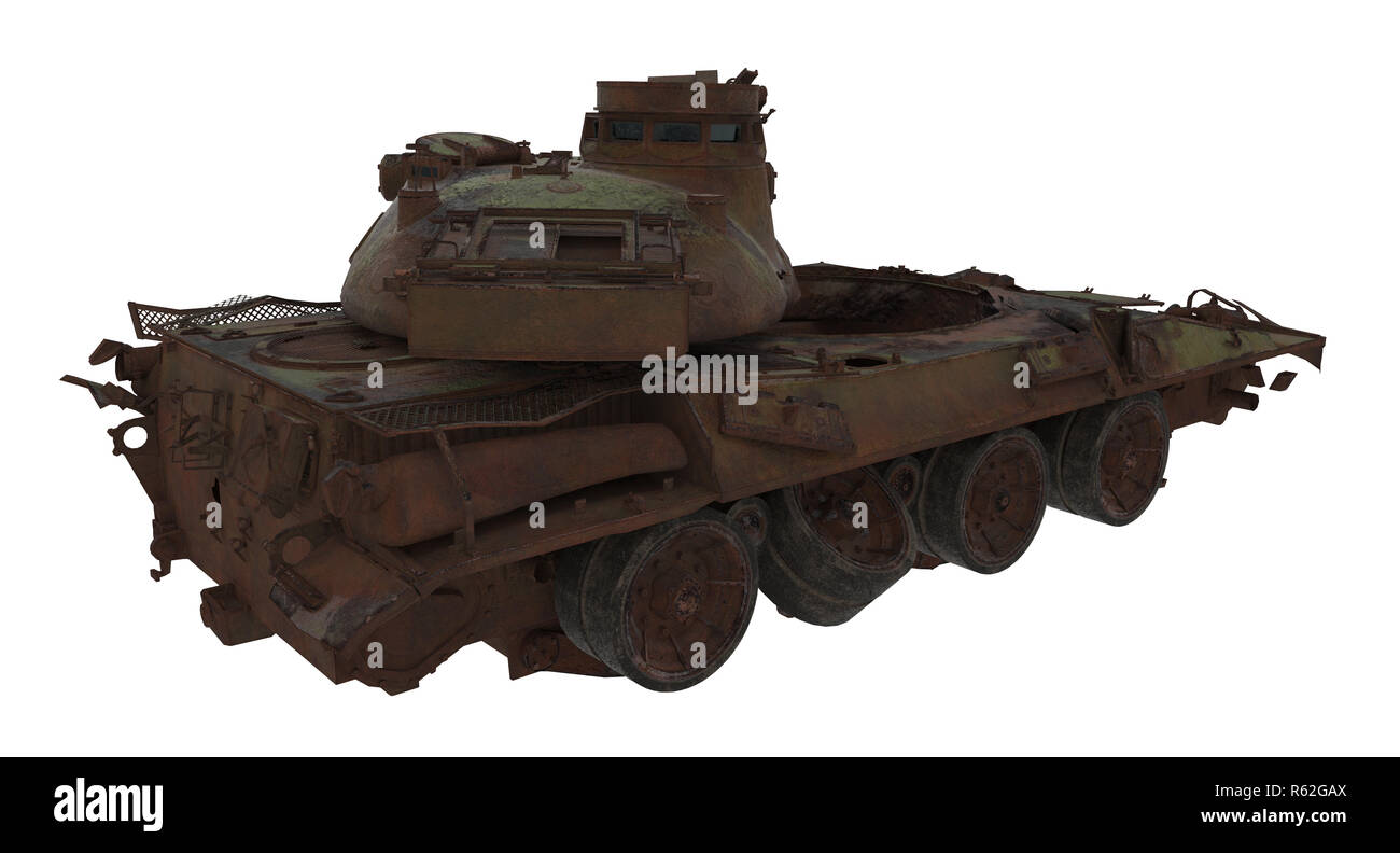 damaged rusty battle tank on an isolated white background. 3d ...