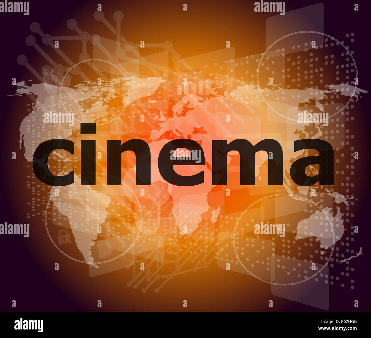 cinema word on digital screen with world map Stock Photo - Alamy