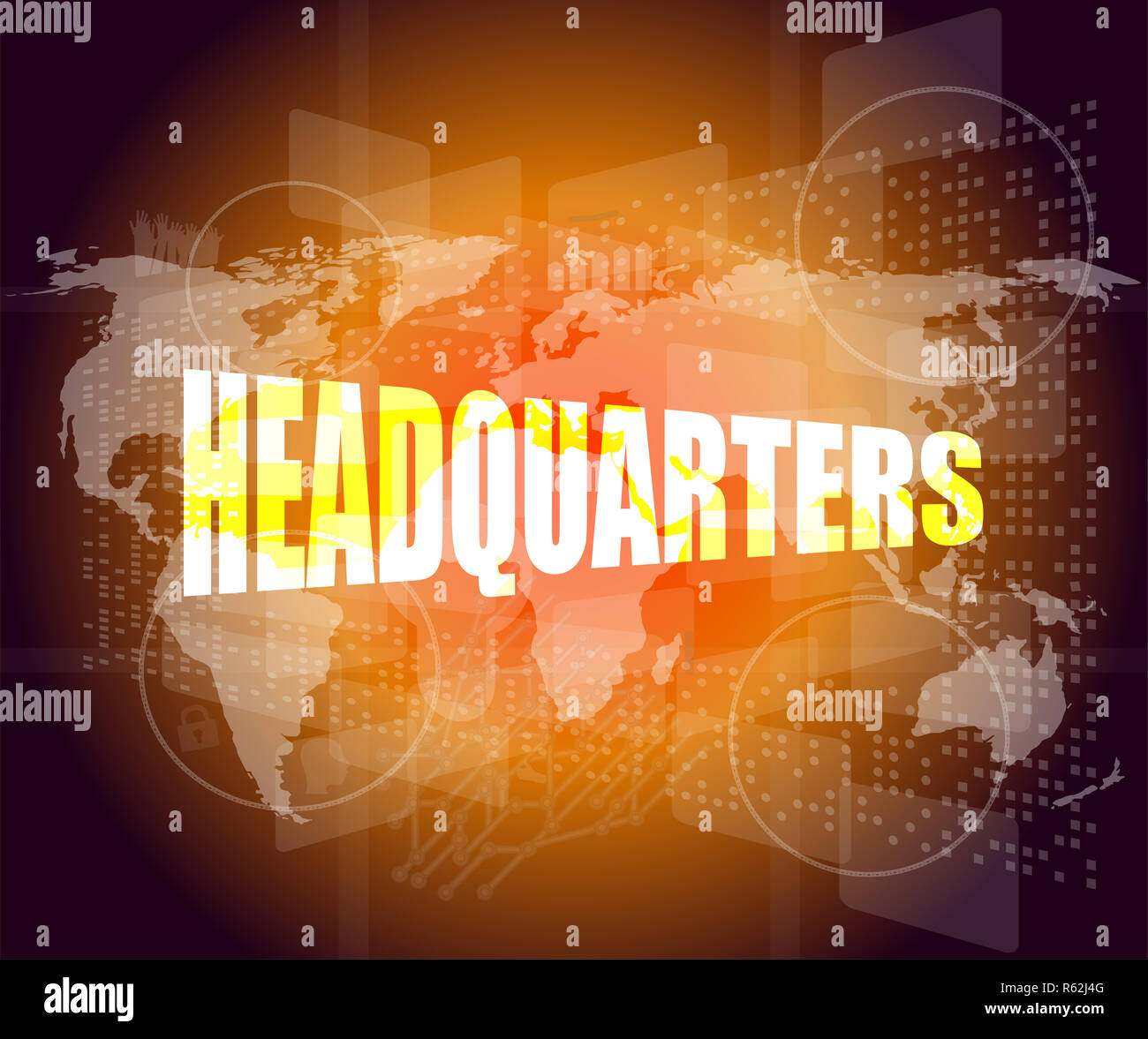 headquarters words on digital screen background with world map Stock ...