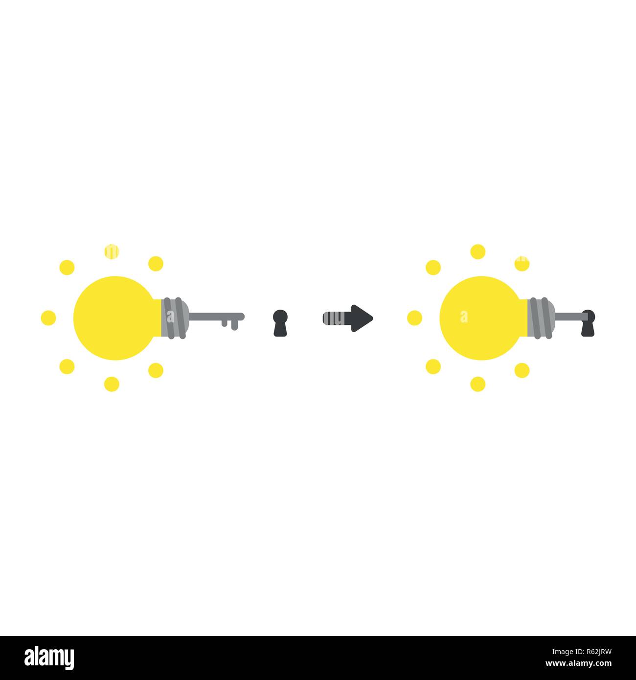 Vector illustration icon concept of glowing light bulb key into keyhole ...