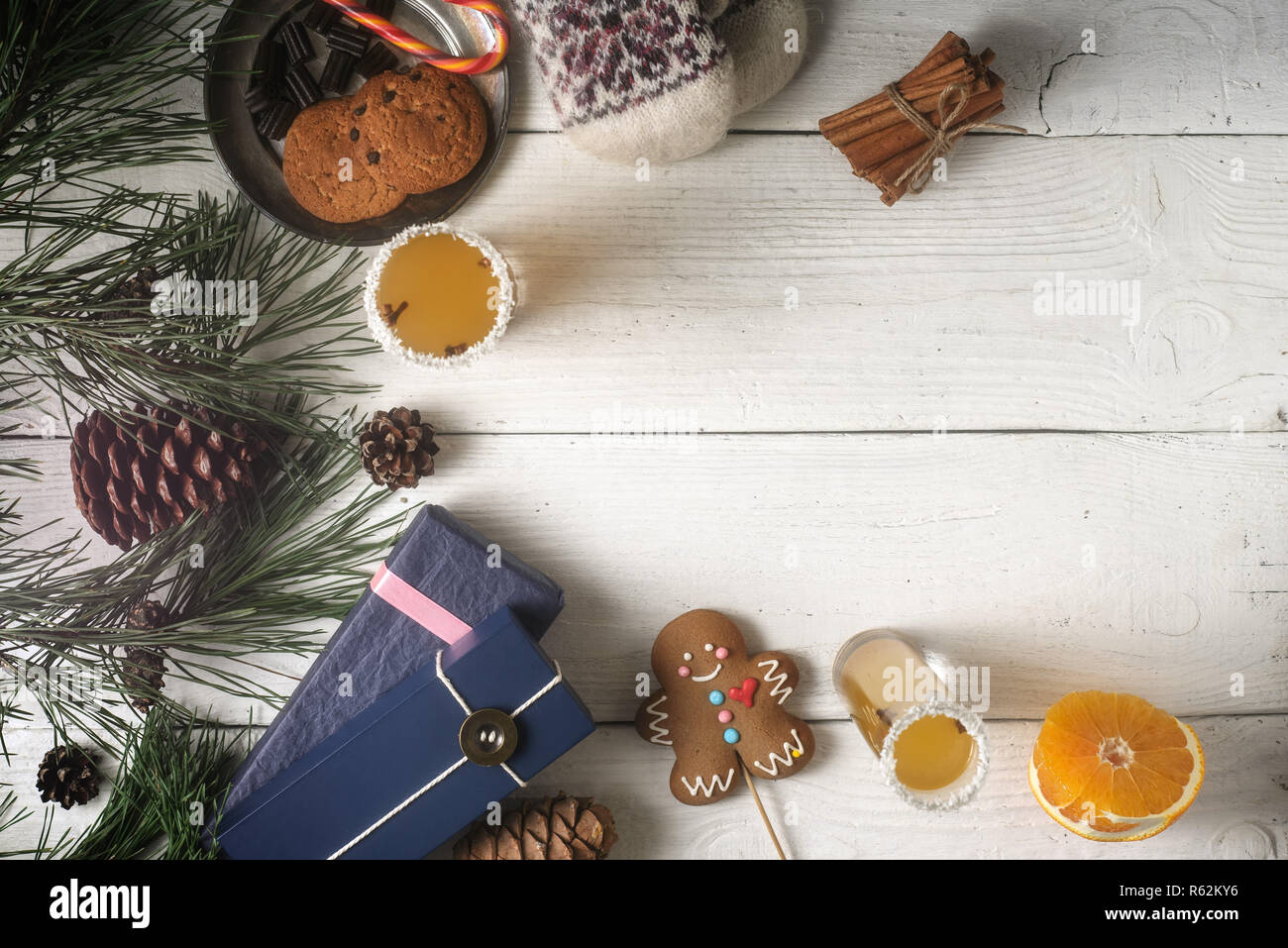 Gift packaging still life on the white wooden background top view Stock ...