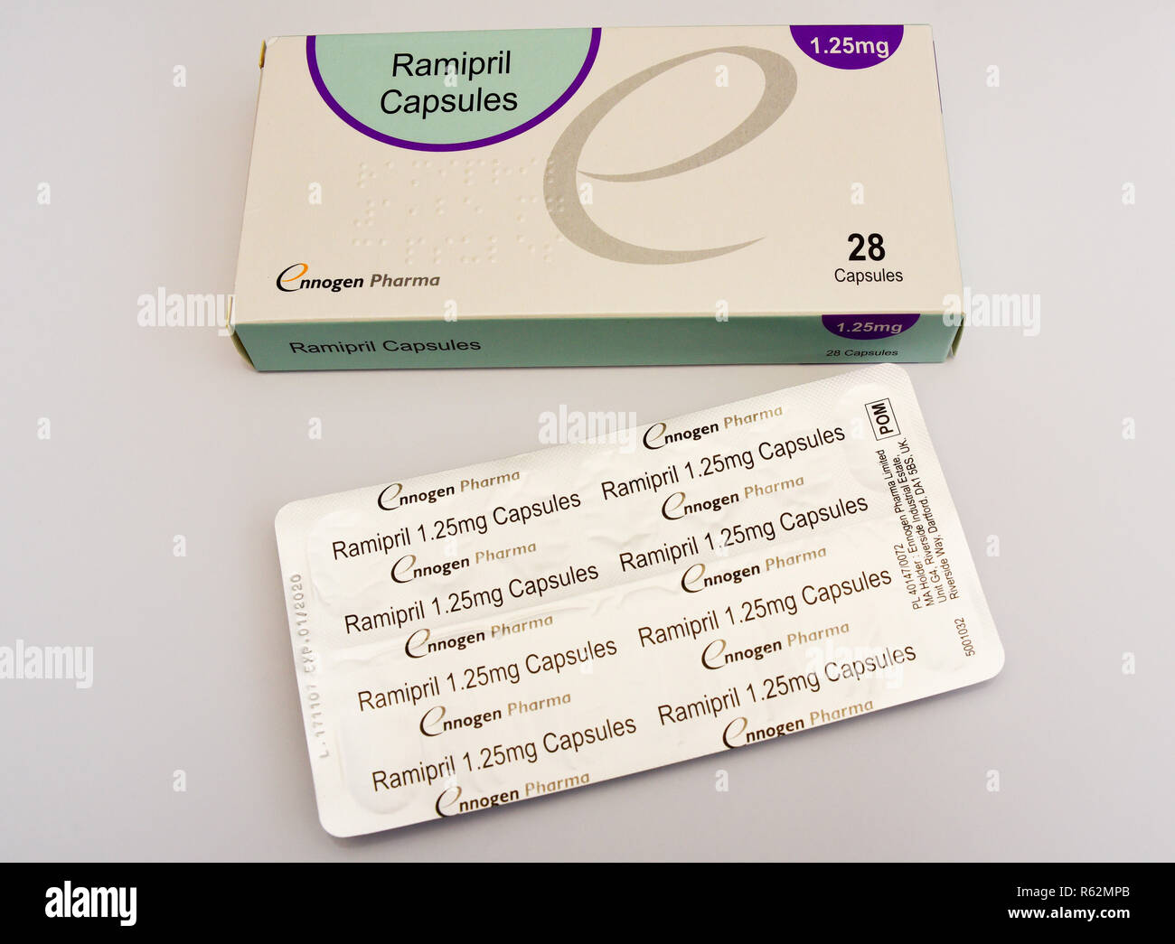 Ramipril capsules. 1,25mg medication pack of pills. Box of medical ...
