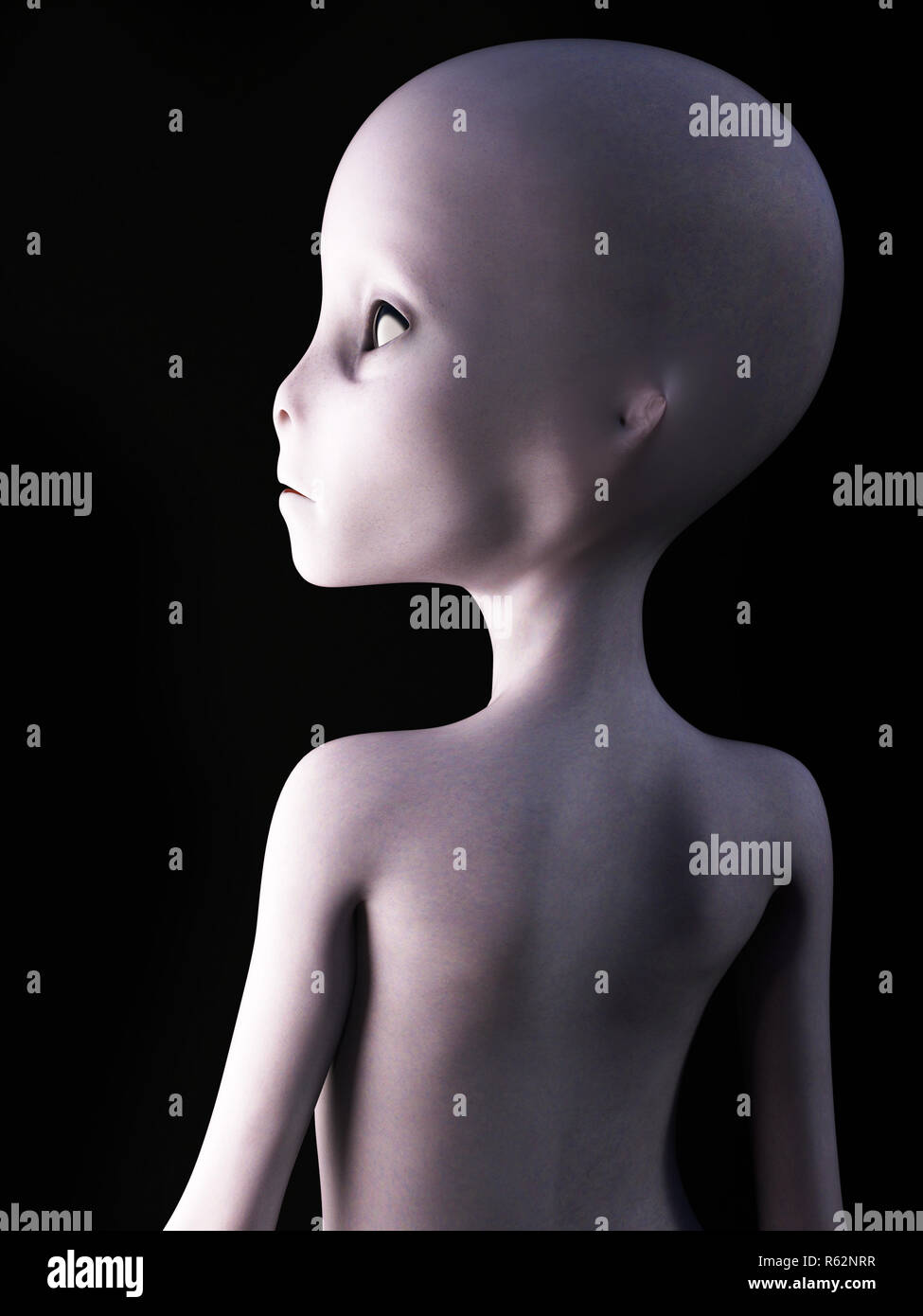 Portrait of an alien with its back to the camera, 3D rendering. Black ...