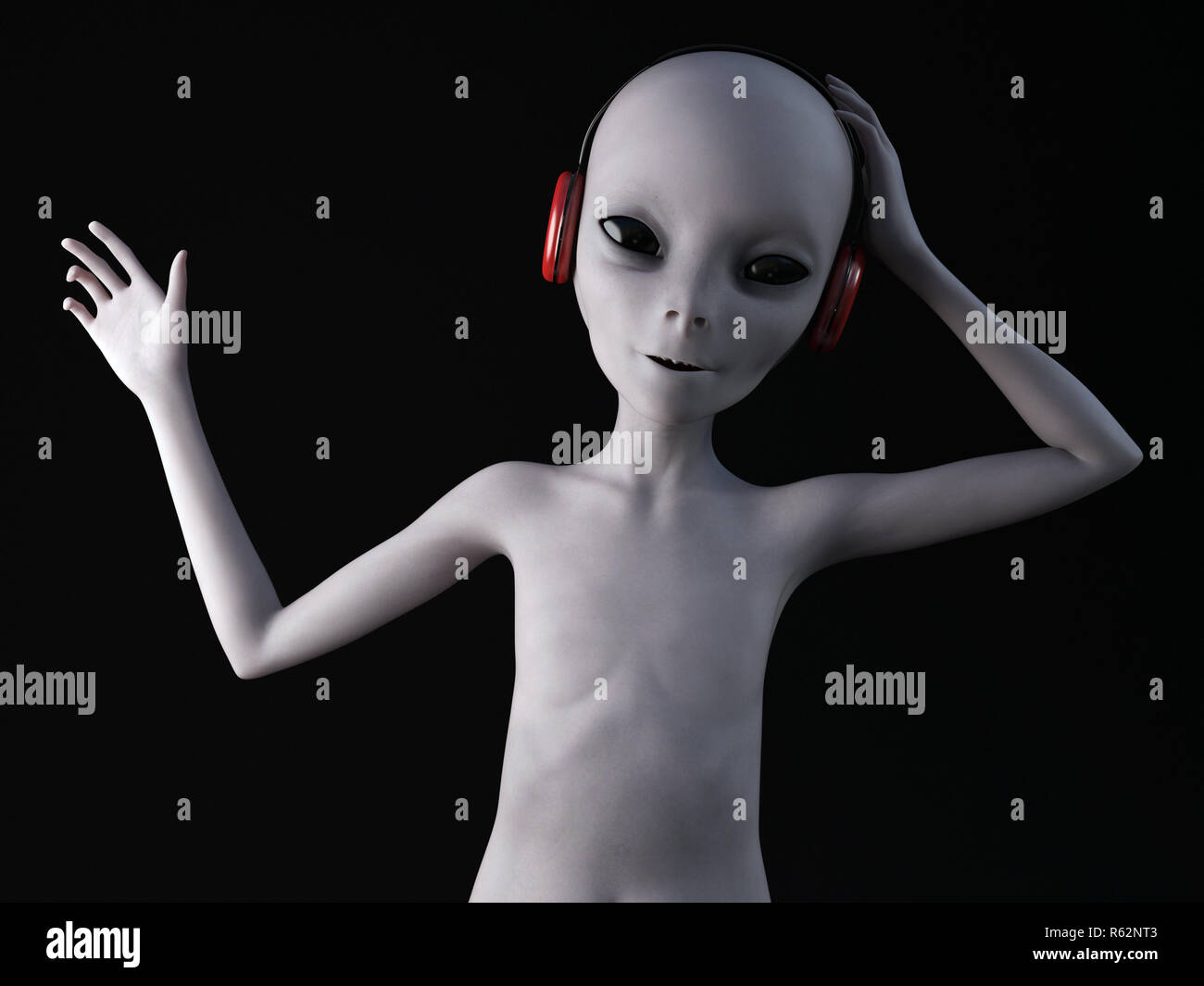 An alien from outer space listening to music in the headphones he's wearing, 3D rendering. Black ...