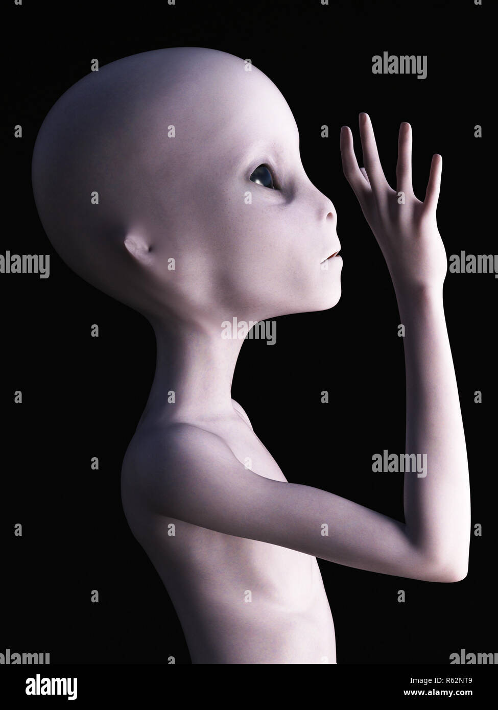Side view of an alien holding its hand up like it's waving. 3D ...