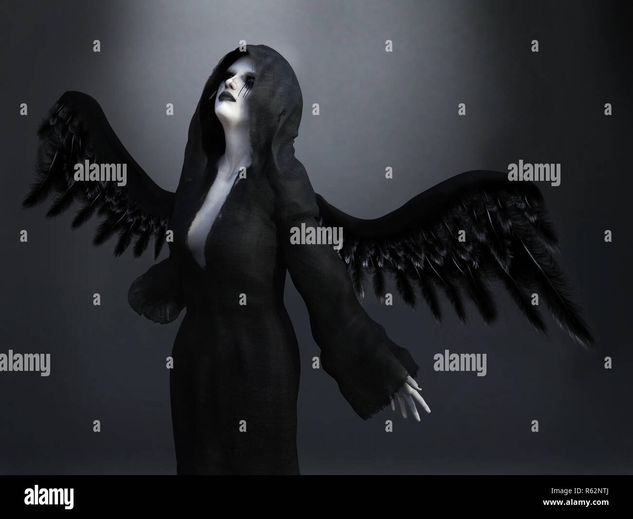 An angel of death with its black wings spread, 3D rendering. Dark ...