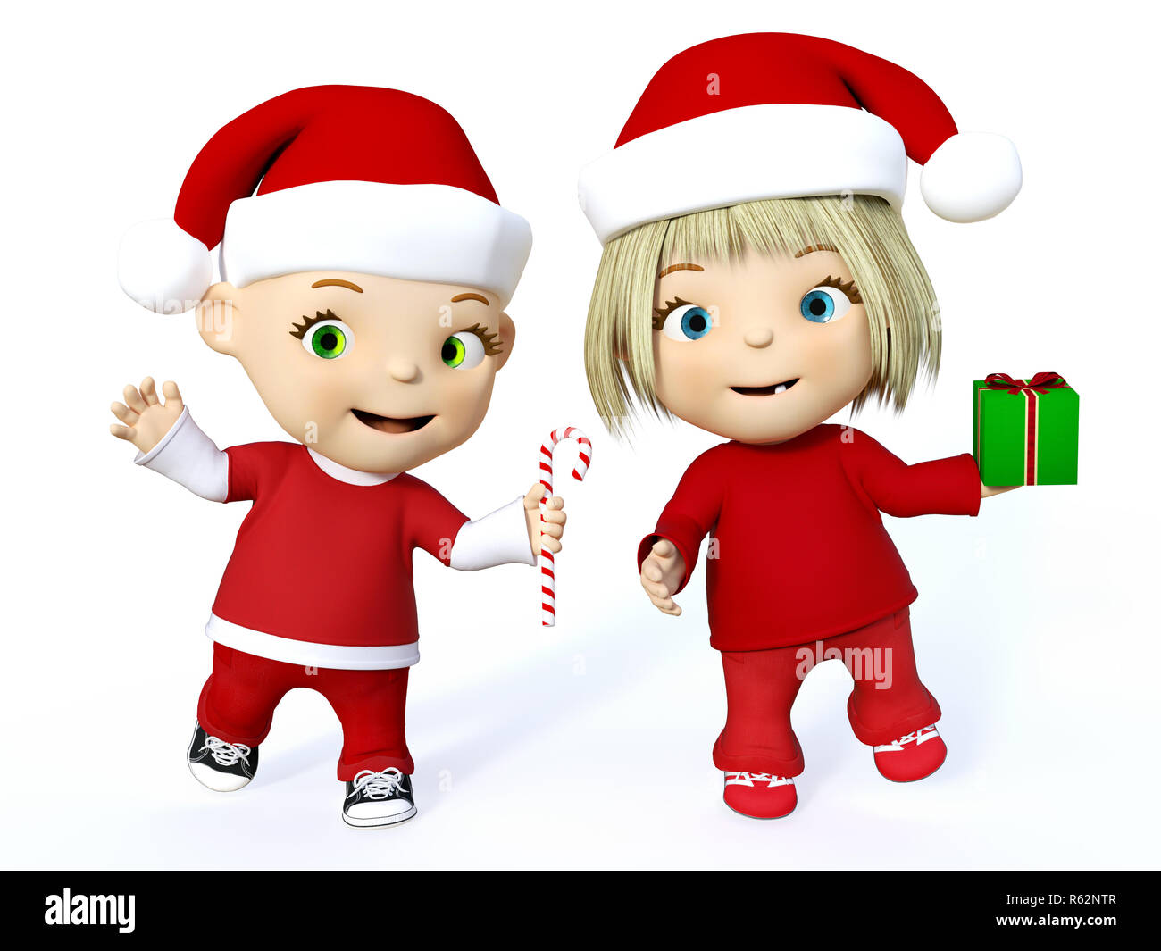 Cute smiling cartoon toddler boy and girl dressed in Santa clothes and ...
