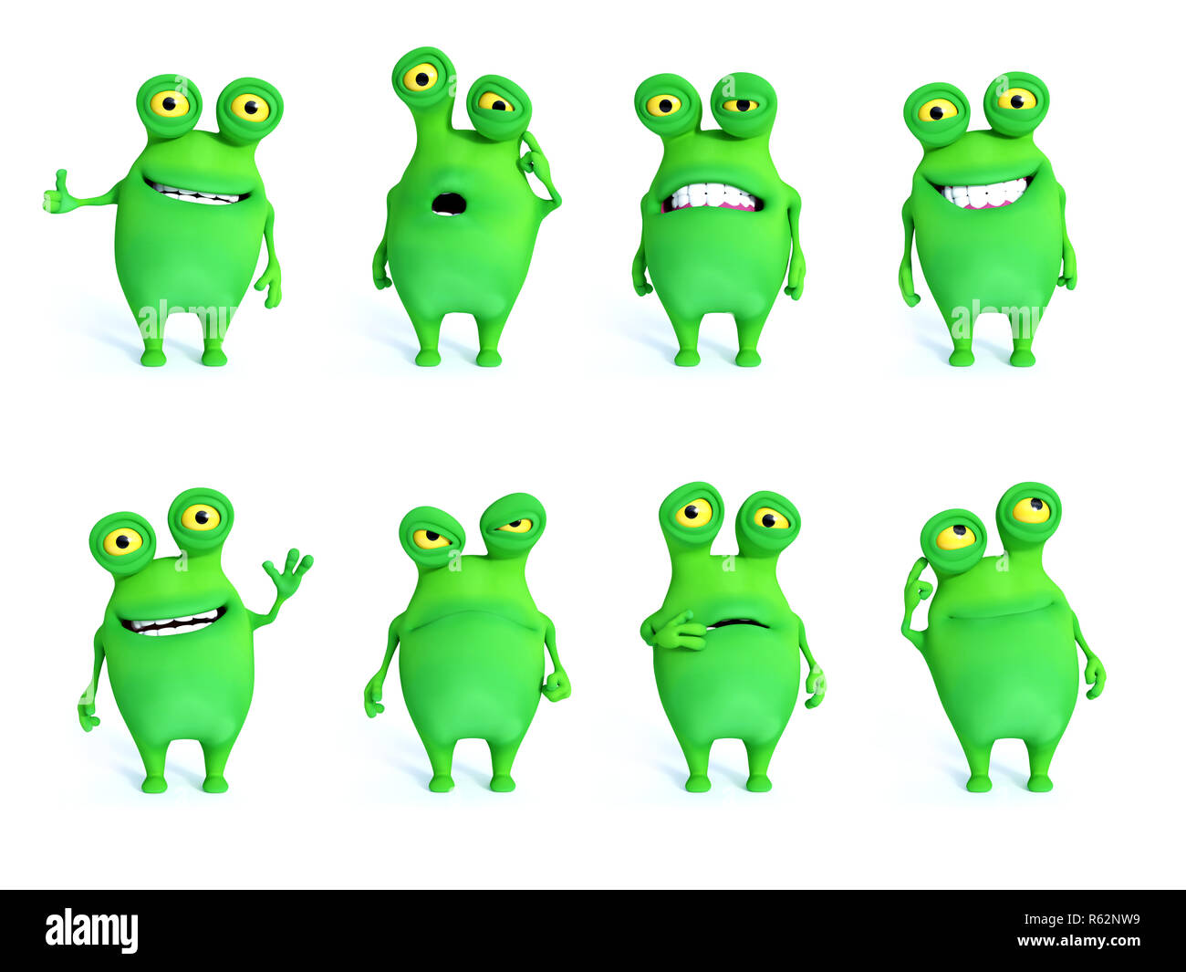 Collection of charming green monsters in different moods and poses, 3D ...