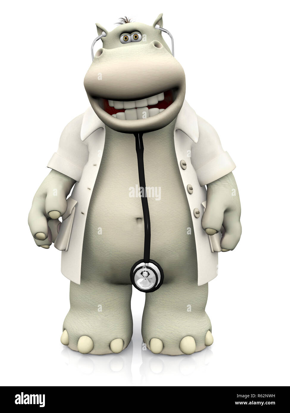 A smiling cartoon hippo dressed as doctor. White background Stock Photo ...