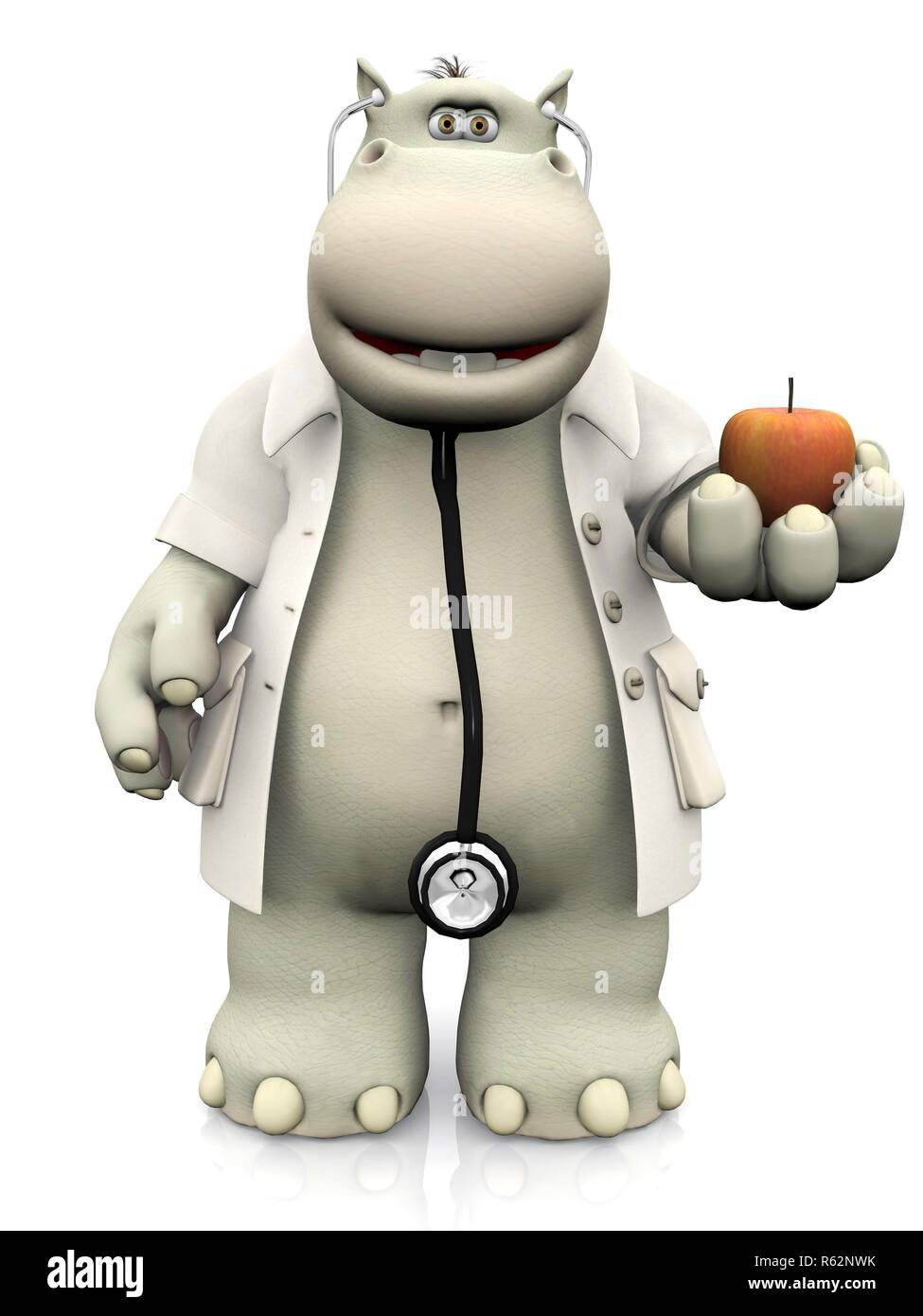 A smiling cartoon hippo dressed as doctor, holding an apple in his hand ...