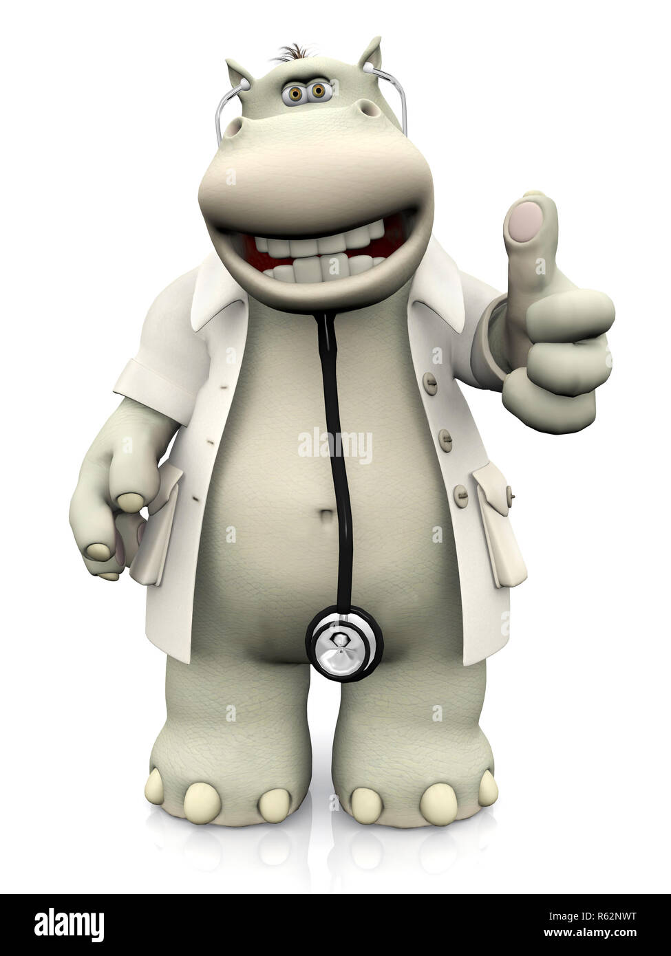 A smiling cartoon hippo dressed as doctor doing a thumbs up with his ...