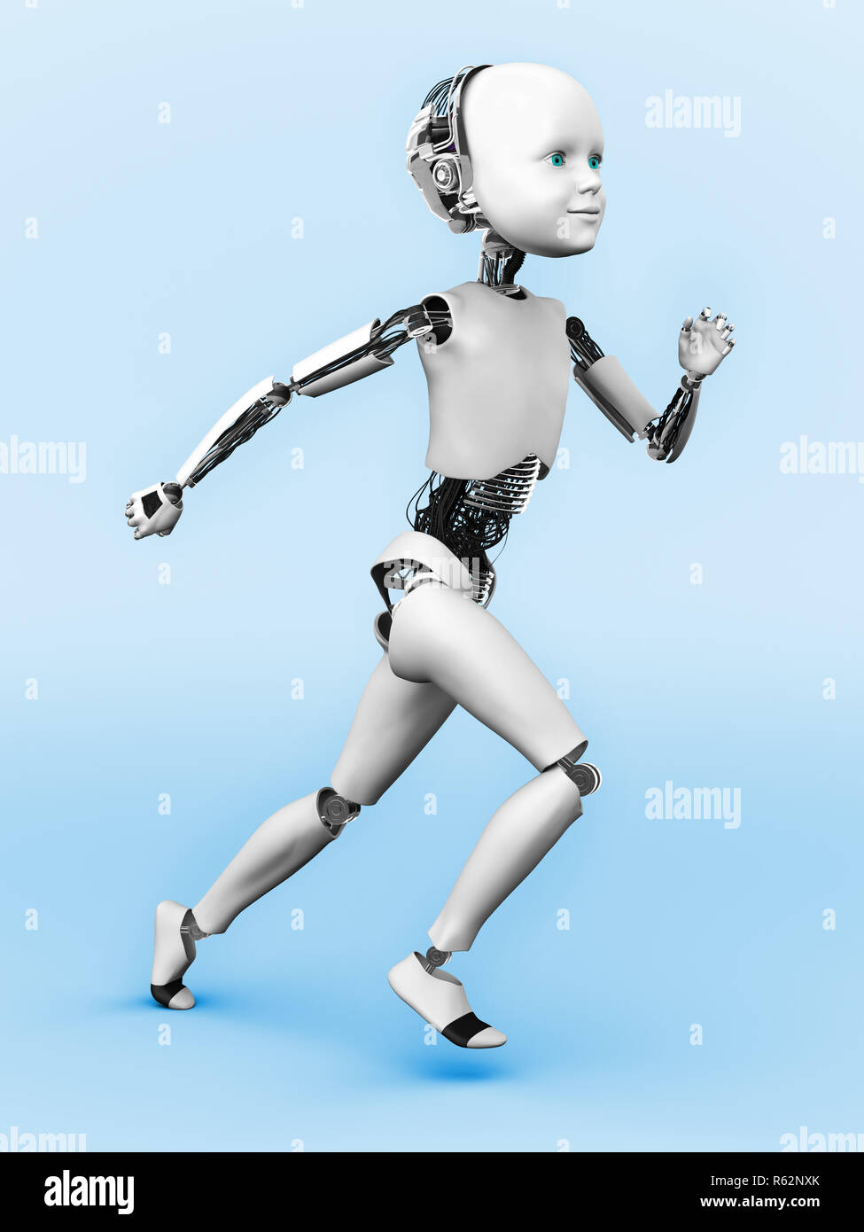 A robot child running. Blue background Stock Photo - Alamy
