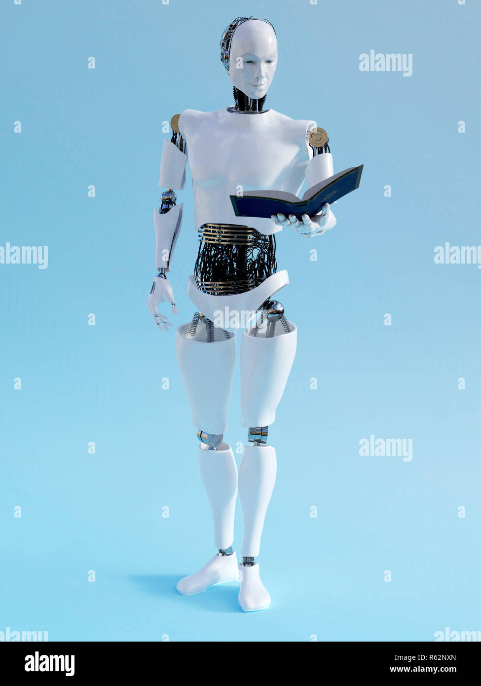 A male robot holding a book in his hand and reading. 3D rendering. Blue ...