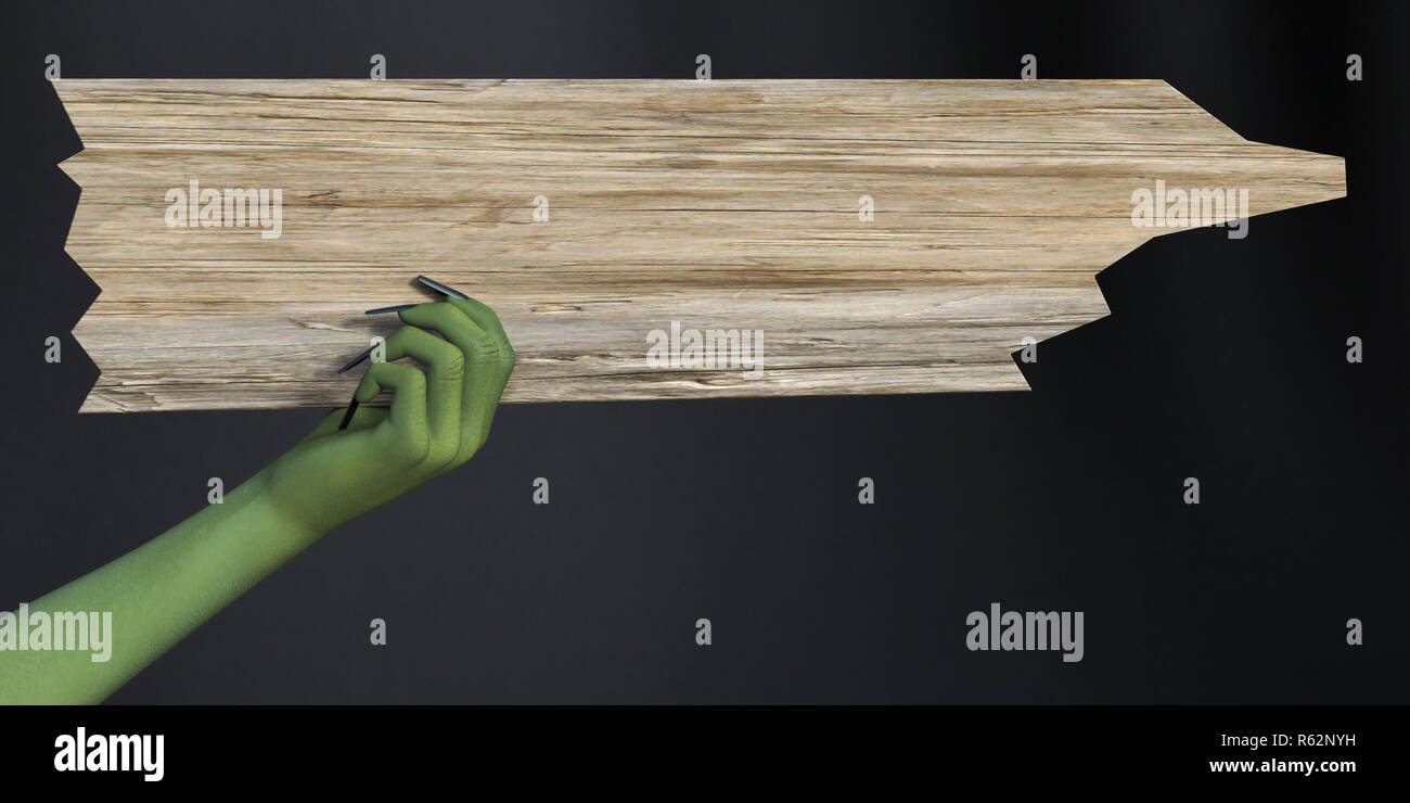 Green witch hand with long black fingernails holding a blank wooden ...