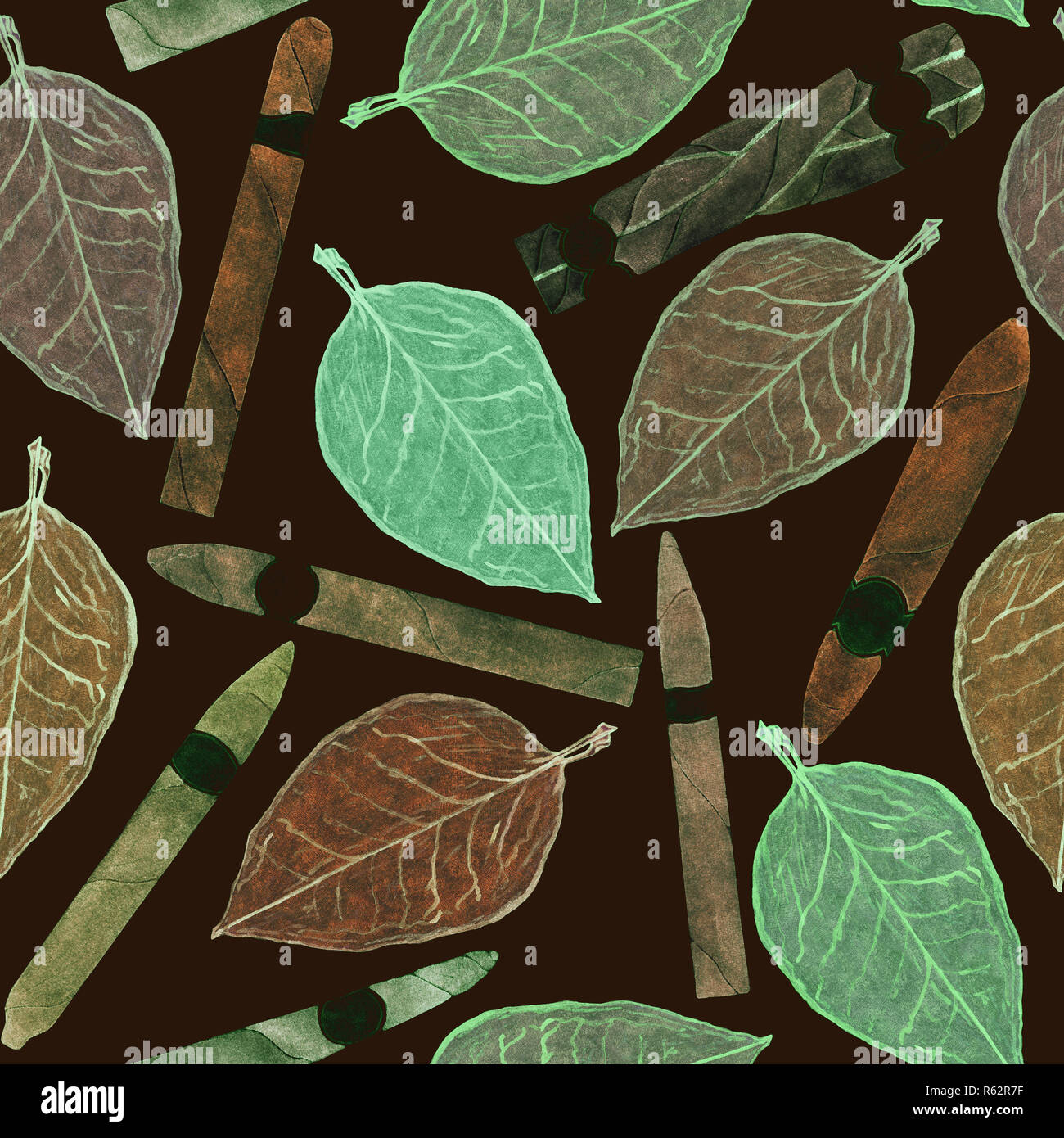 Cigars of different shapes and colors with tobacco leaf, hand painted ...