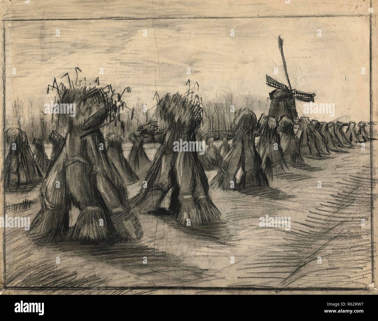 Stooks and a Mill. Date: August 1885, Nuenen. Dimensions: 44.3 cm x 56. ...