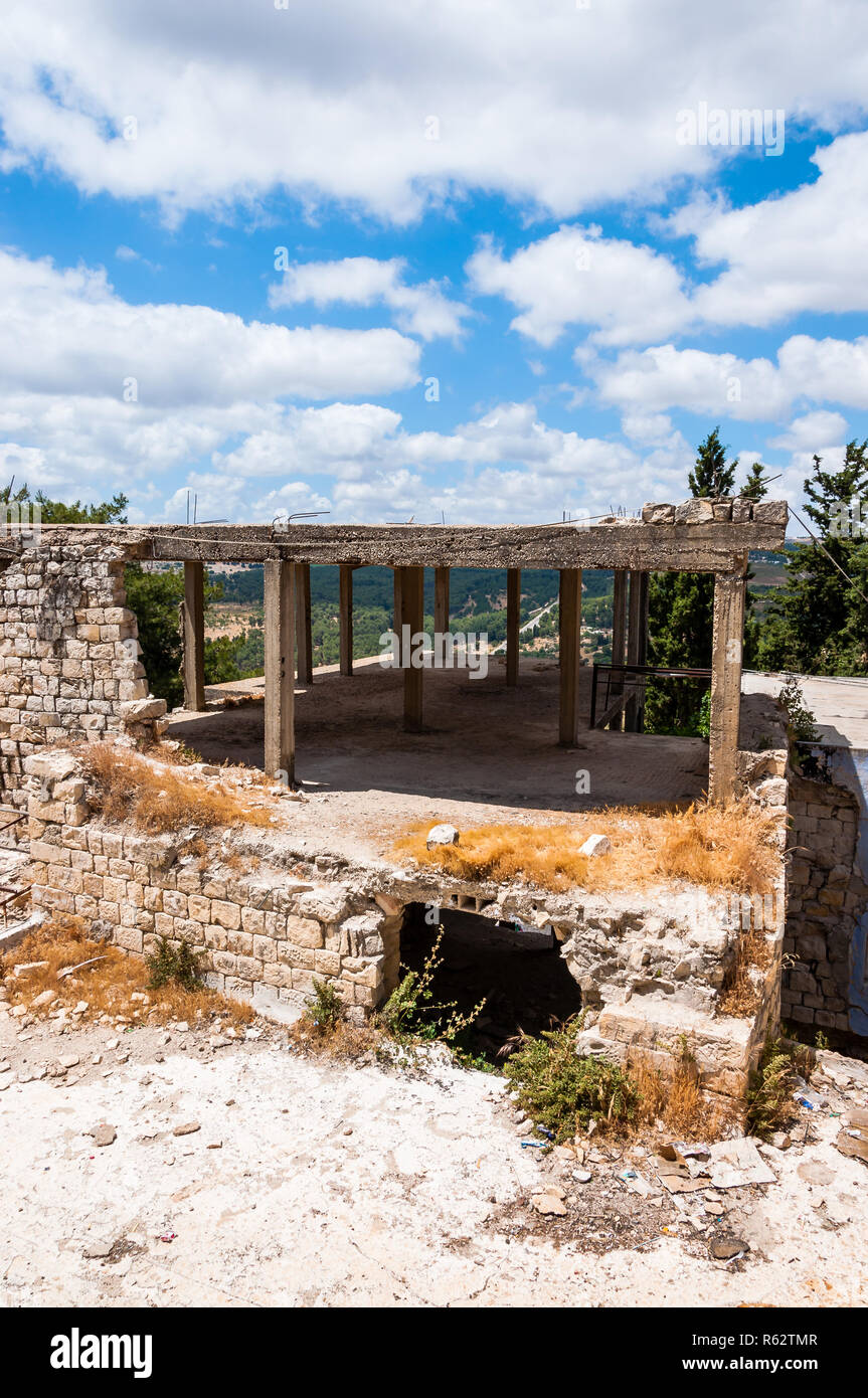 Concrete frame of the abandoned building in Old Town of Sefed with ...