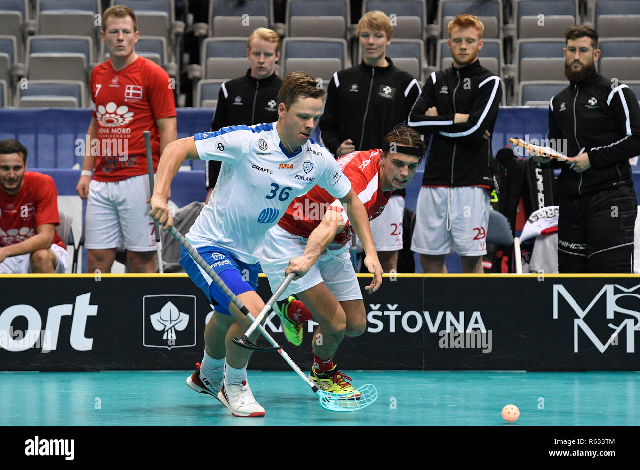 Prague, Czech Republic. 03rd Dec, 2018. Left to right floorball players ...
