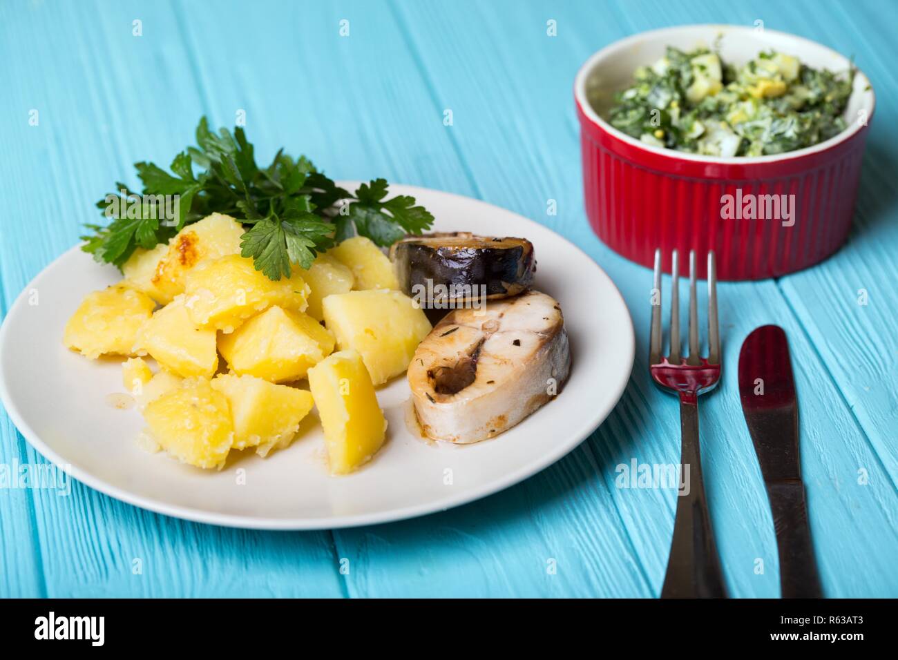 traditional Scandinavian dinner - boiled potatoes and mackerel on a ...