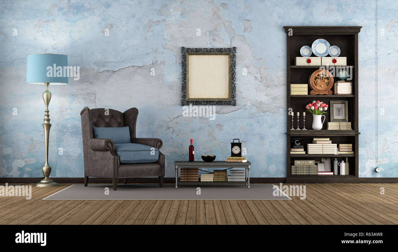 Vintage Living Room Wooden Bookcase Decor Objects Hi Res Stock