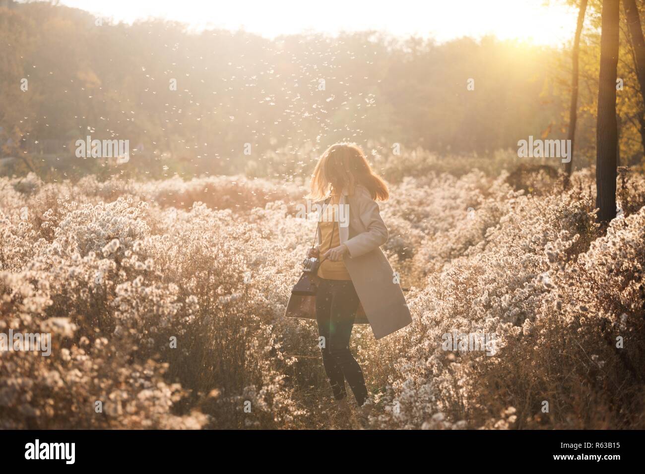 vintage autumn. girl with a vintage camera walks in the fields of ...