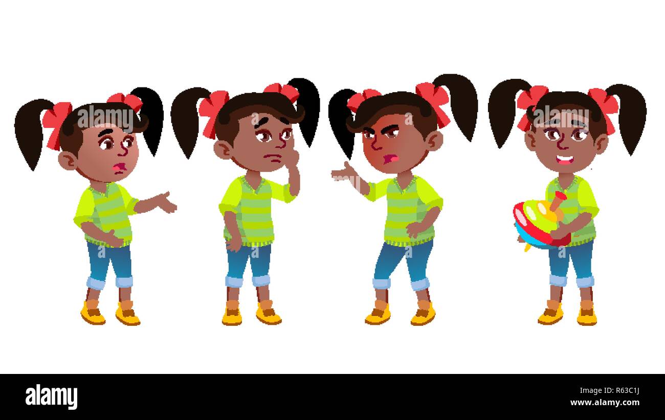 Girl Kindergarten Kid Emotions Set Vector. Black. Afro American ...