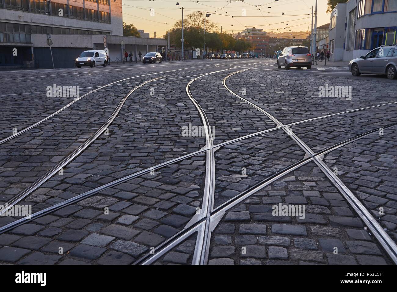 Tram rails old urban street Stock Photo - Alamy