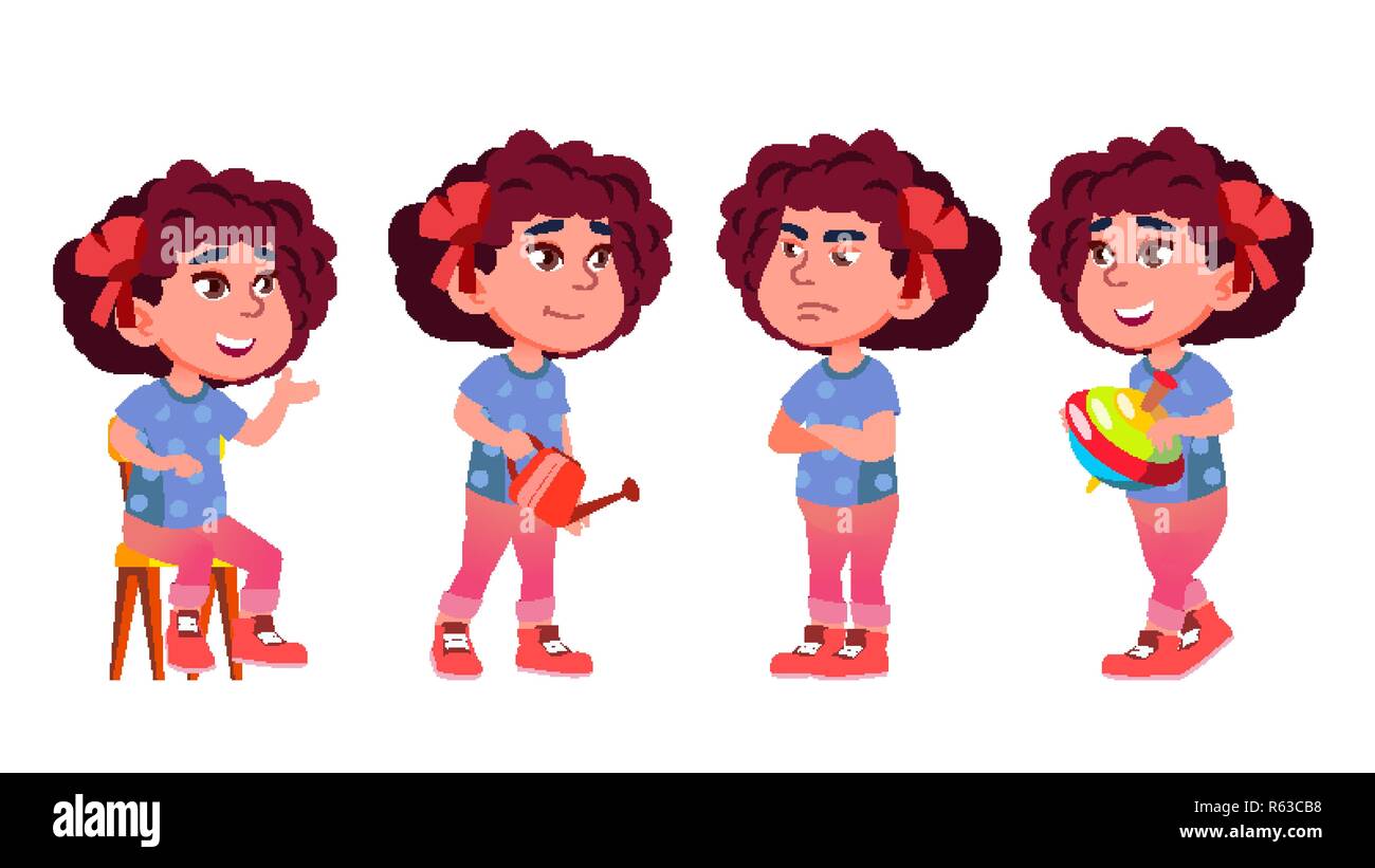 Girl Kindergarten Kid Poses Set Vector. Preschooler Playing. Friendship ...