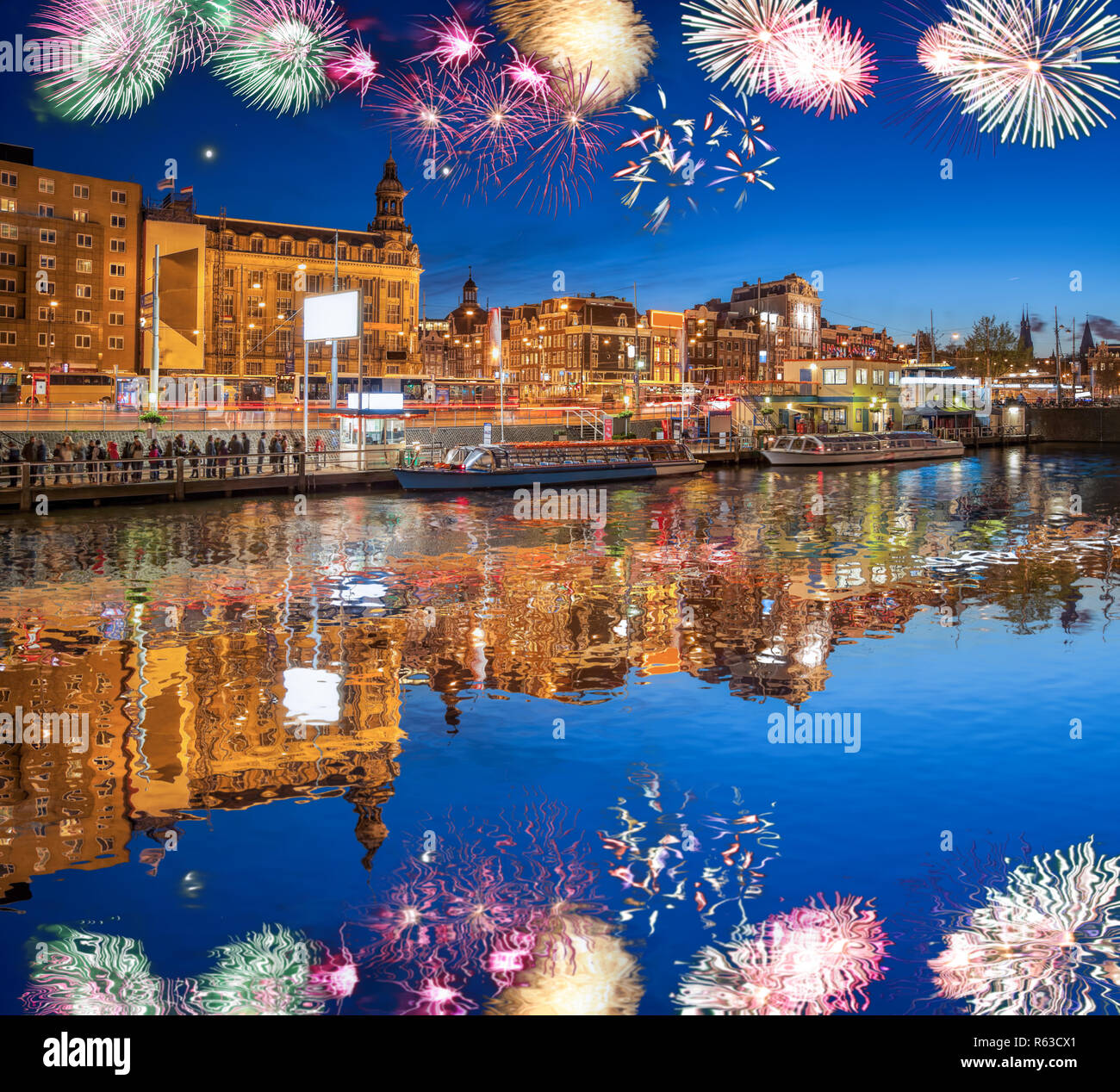 Amsterdam with firework (celebration of the New Year) in Holland Stock ...