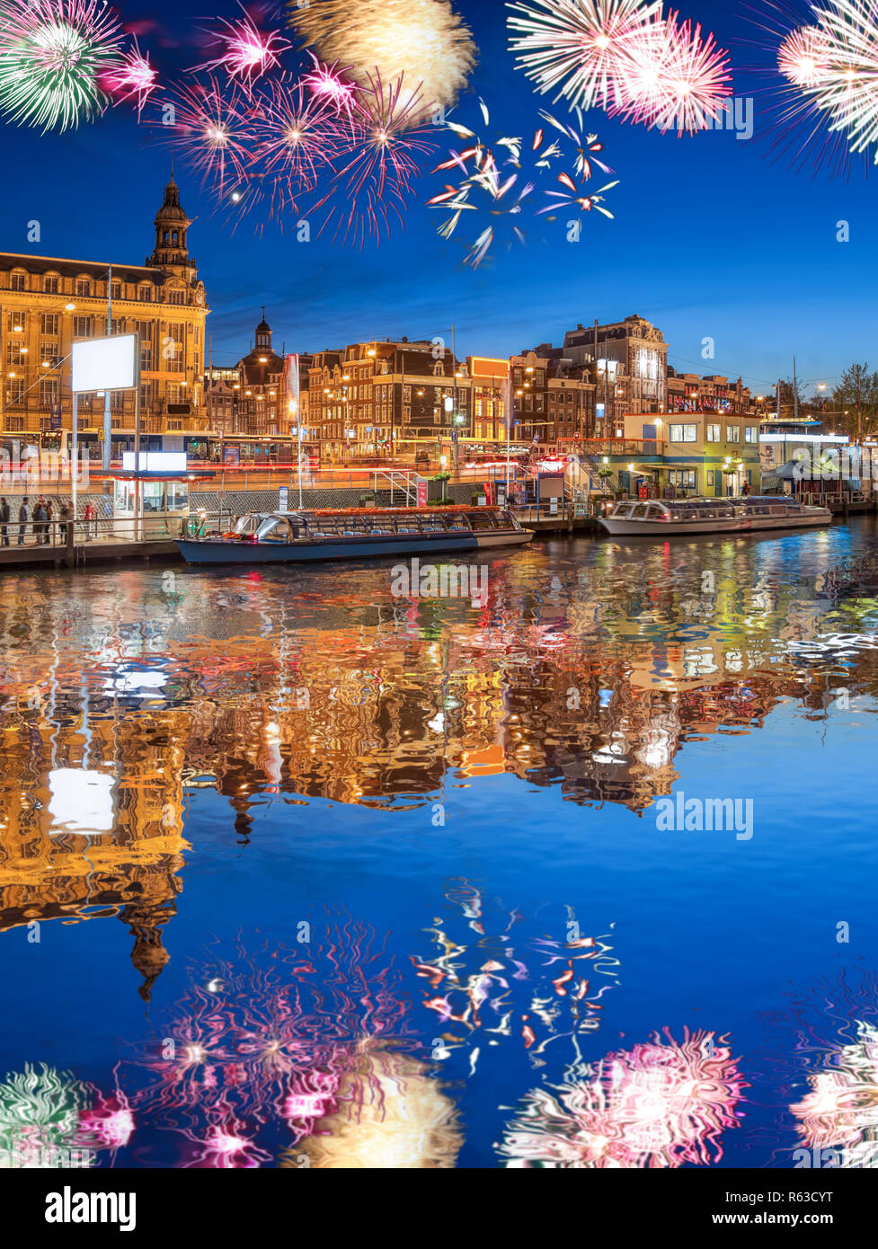 Amsterdam with firework (celebration of the New Year) in Holland Stock ...
