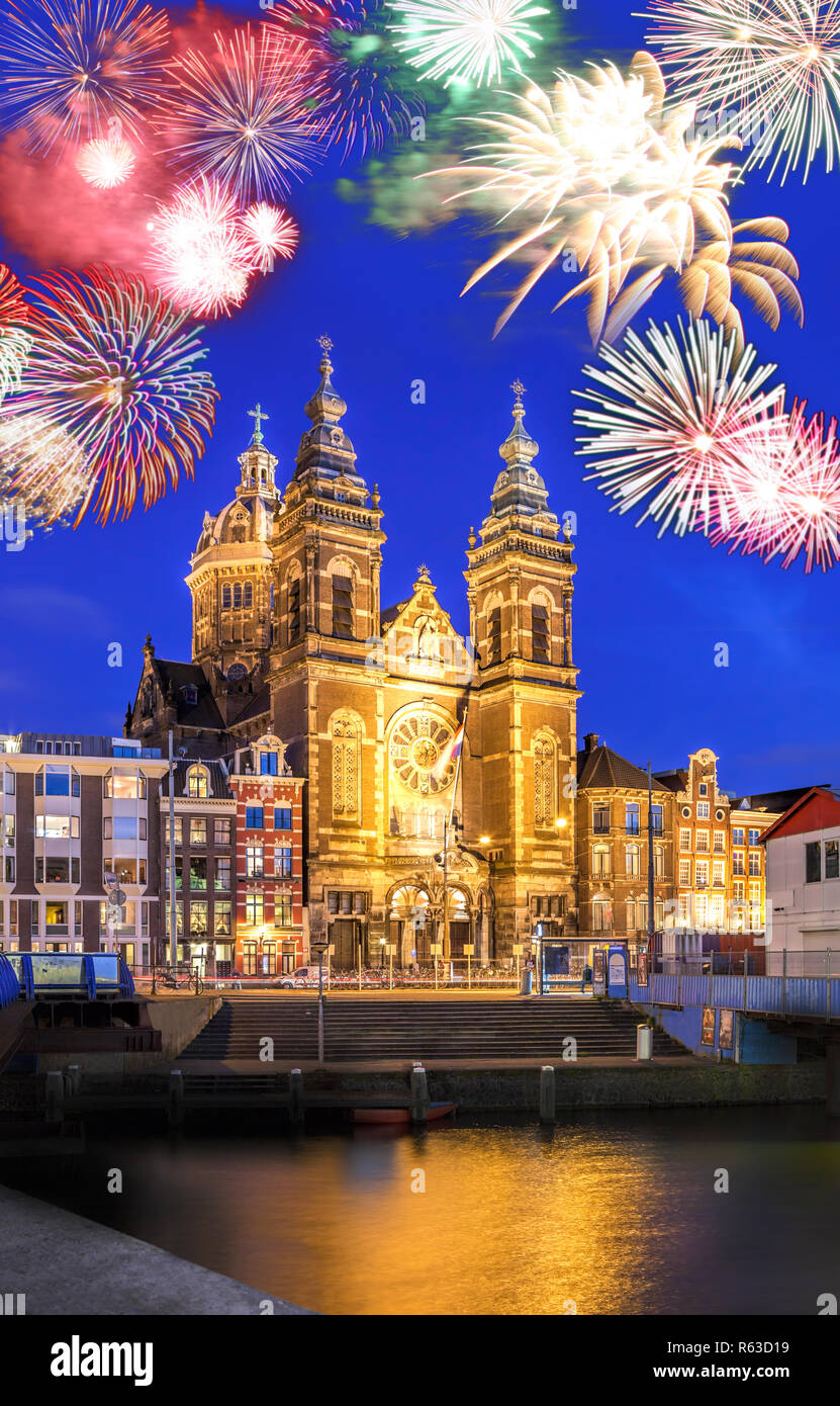 Amsterdam with firework (celebration of the New Year) in Holland Stock ...