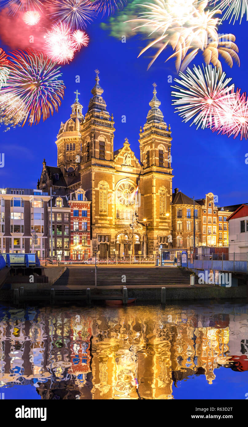 Amsterdam with firework (celebration of the New Year) in Holland Stock ...