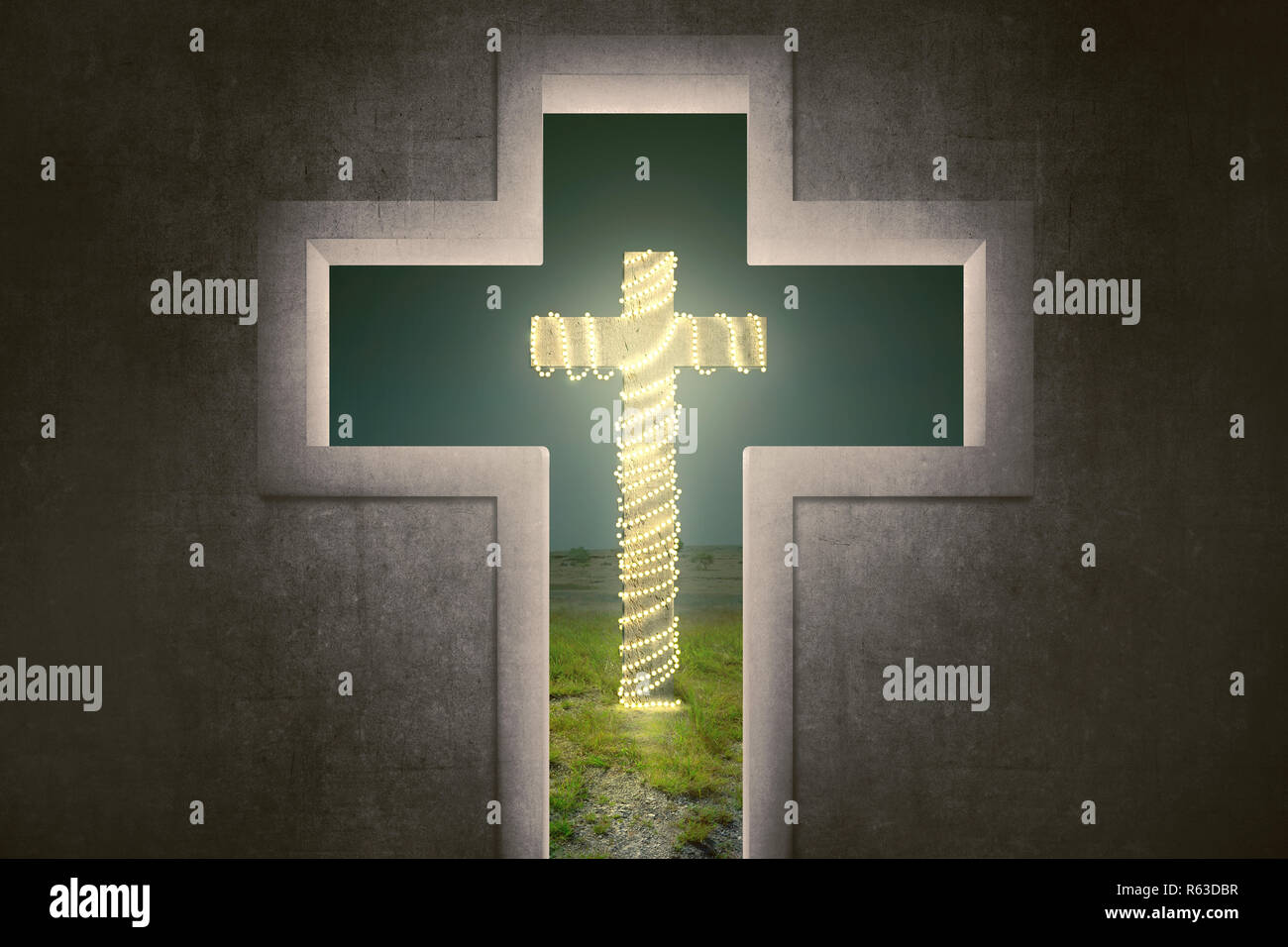 Cross shape with christ symbol with christmas lights decoration Stock ...