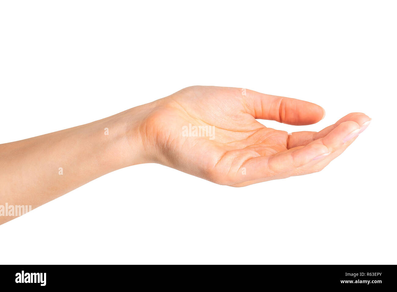 Woman showing open hand or holding something Stock Photo - Alamy