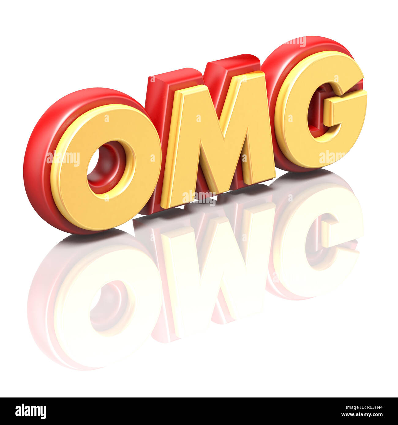 Word OMG red and yellow plastic on ground reflection 3D Stock Photo - Alamy