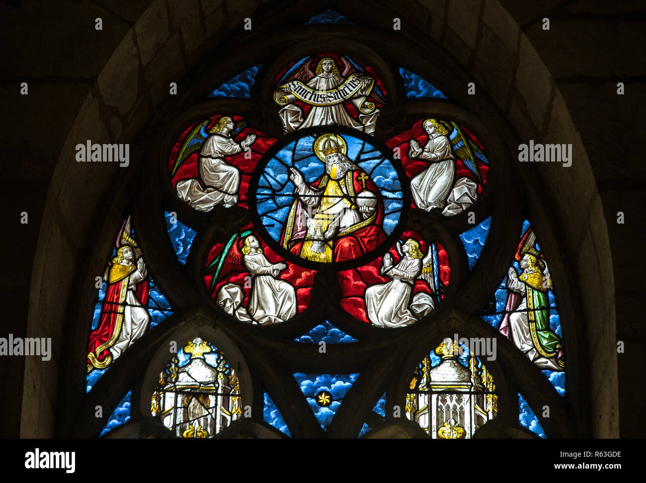 Troyes, France - August 31, 2018: Colorful stained glass windows in ...