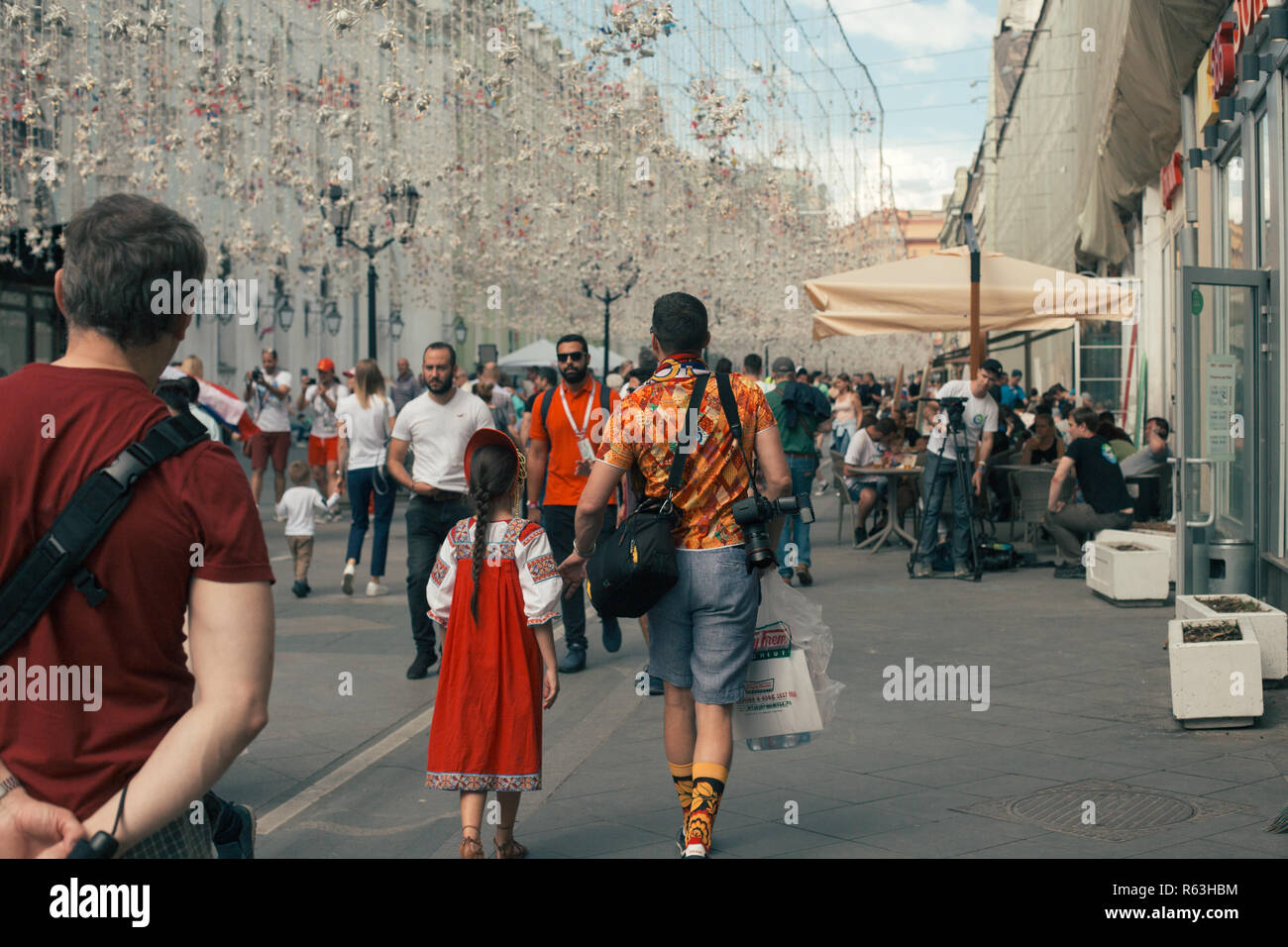 Moscow/Russia - July 1 2018: Russian fans dad and his daughter walking ...