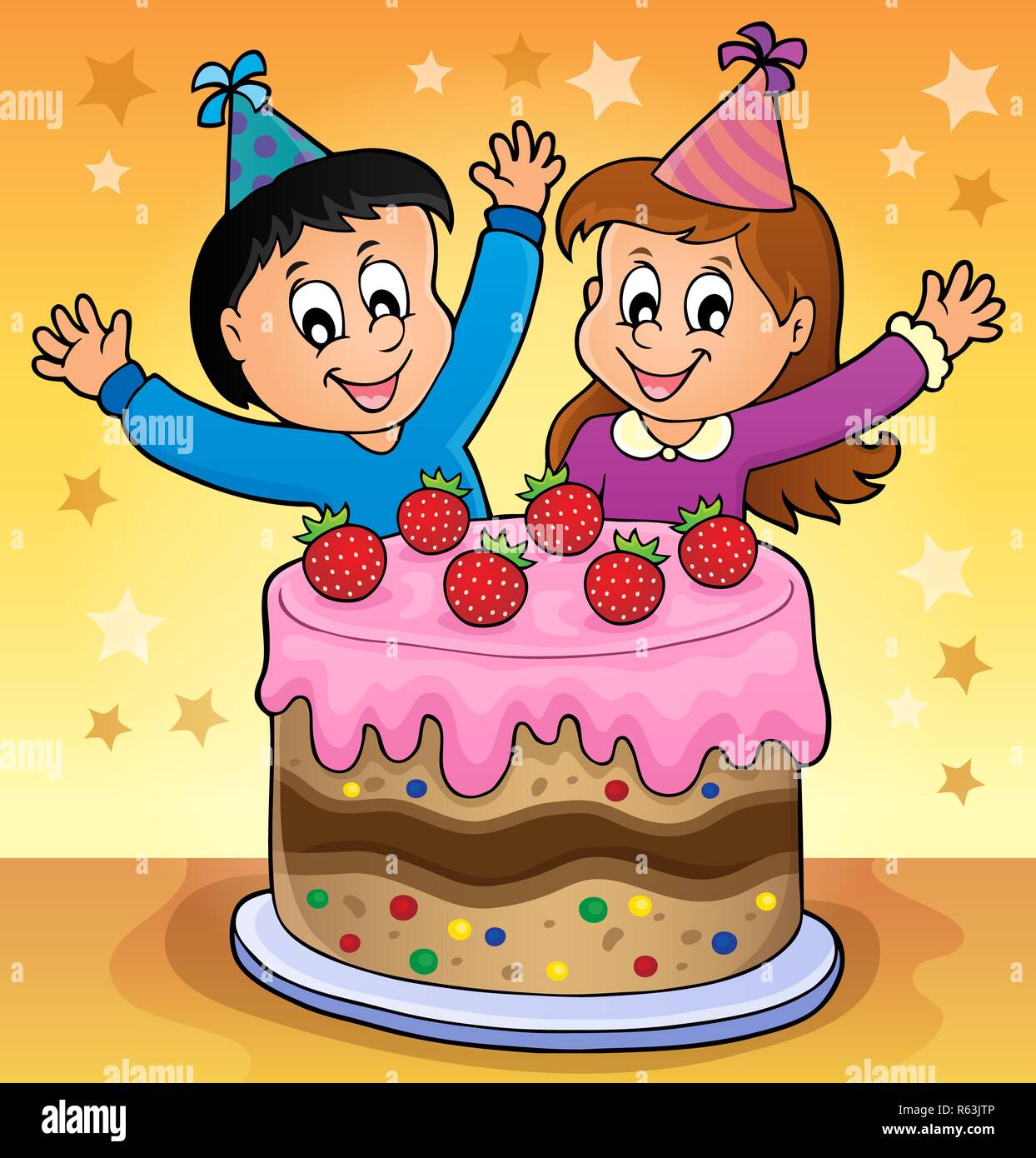Cake and two kids celebrating image 2 Stock Photo - Alamy