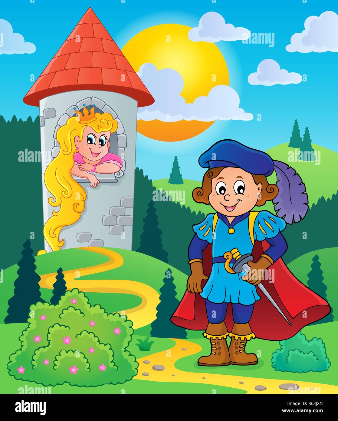 Prince near tower with princess Stock Photo - Alamy