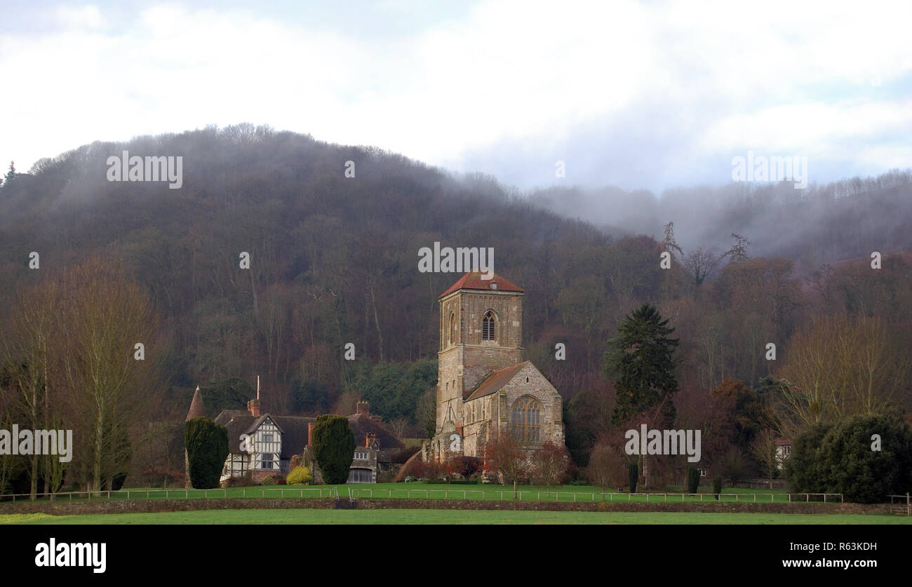 Little Malvern Priory, dedicated to St Giles, seen against the backdrop ...