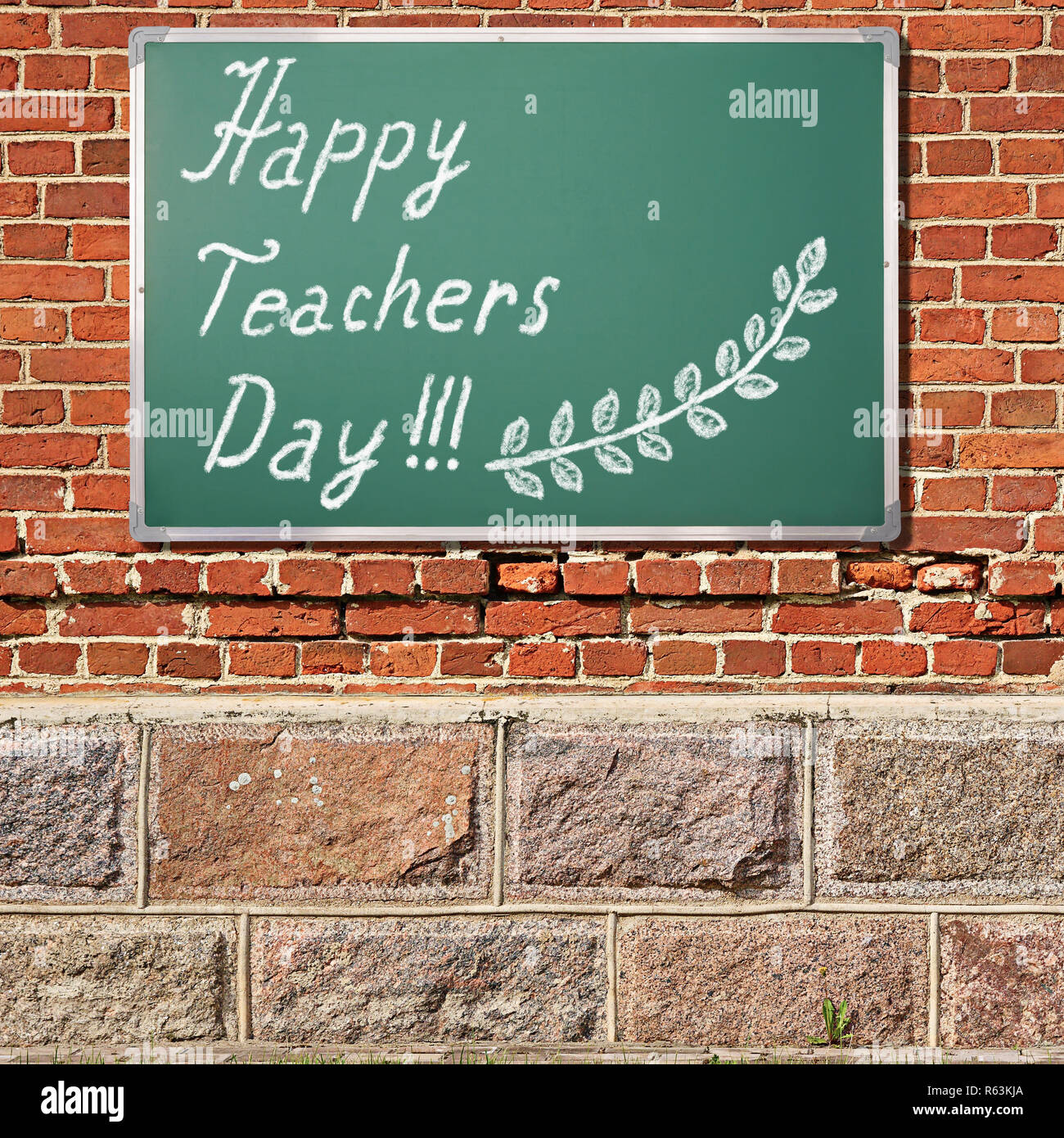 Education theme. Ancient brick wall with Happy teacher day title on a ...
