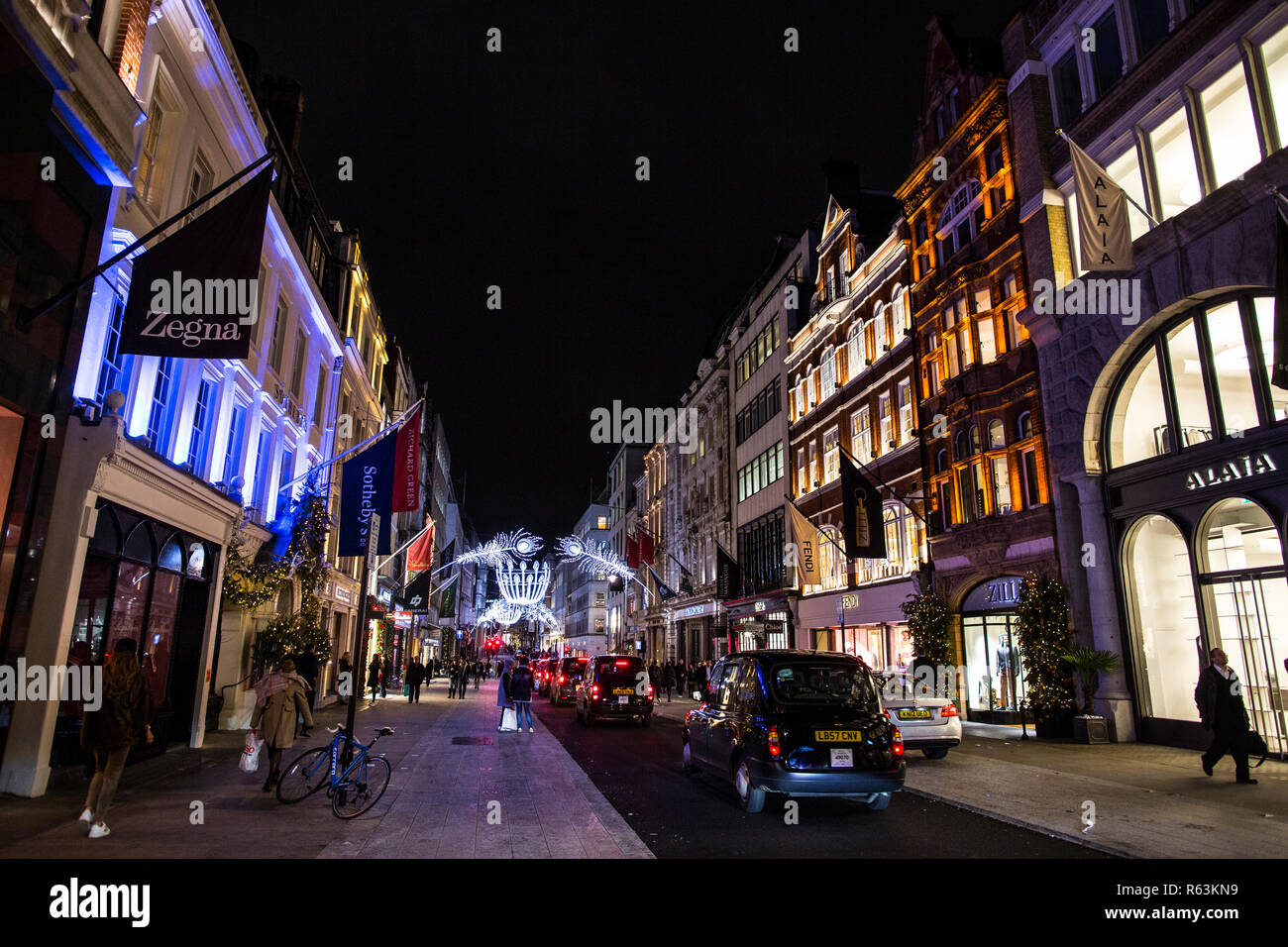 New Bond Street illuminated by Christmas lights and luxury brands shops ...