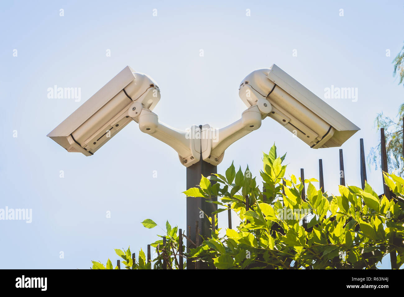 two surveillance cameras monitor a luxurious property Stock Photo - Alamy