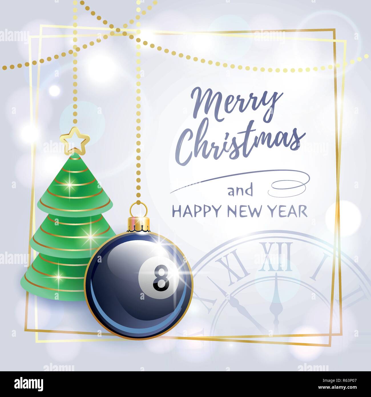 Merry Christmas. Happy New Year. Sports greeting card. Billiard. Vector ...