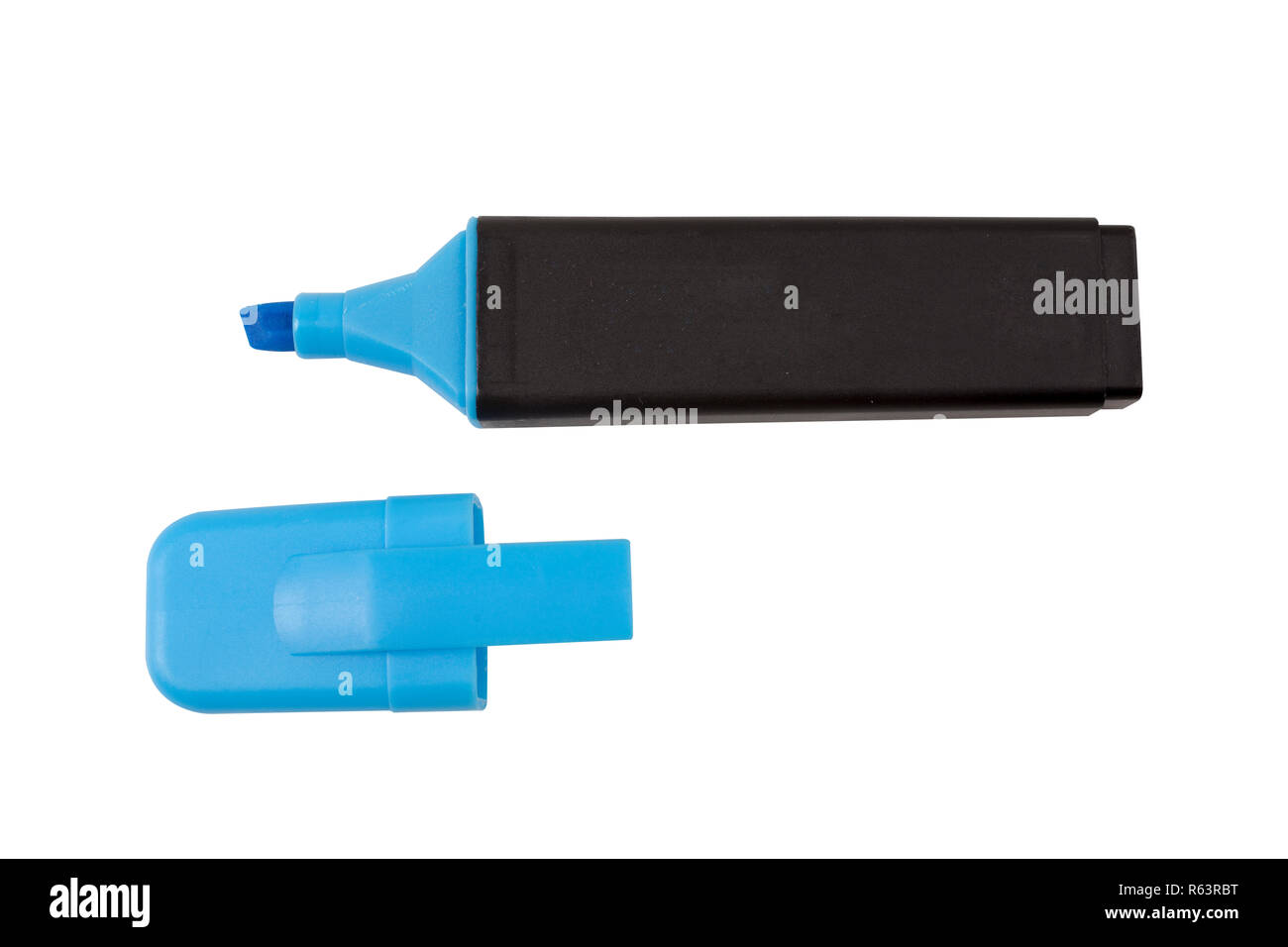 Cyan text and graphics highlighter pen with cap, isolated on white with ...