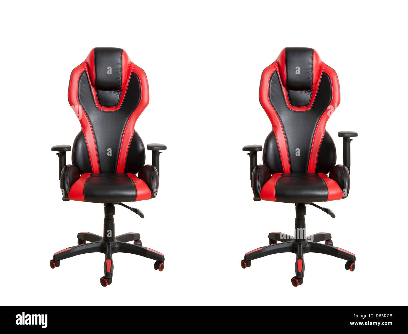 Front view of a modern office chair, upholstered in a black and red ...