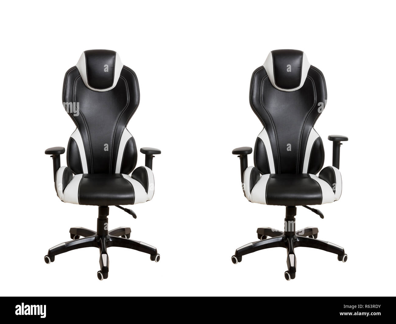 Front view of a modern office chair, upholstered in a black and white ...
