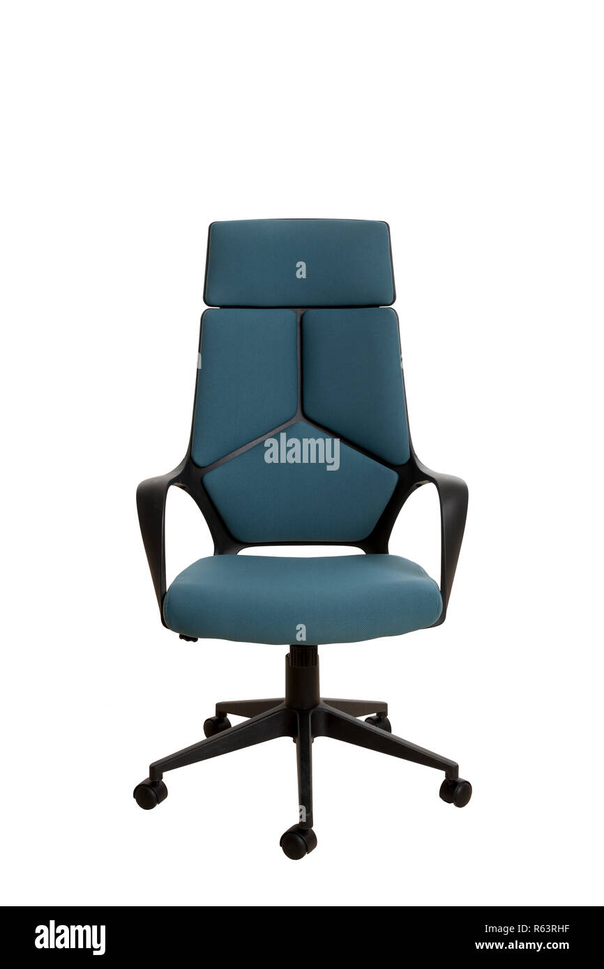 Front view of a modern office chair, made of black plastic, upholstered ...