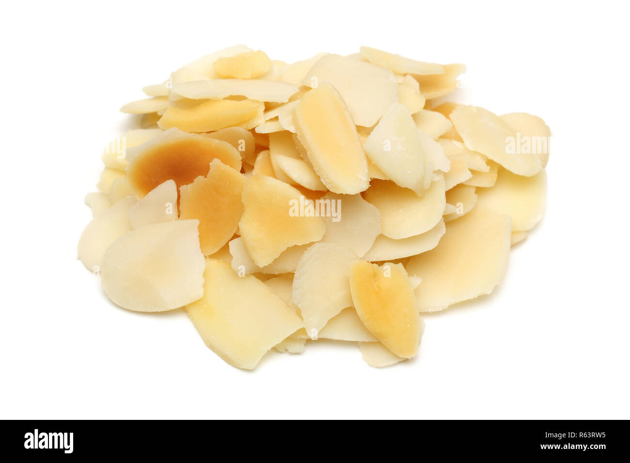 Almond flakes as a heap isolated on white background. Macro, studio ...