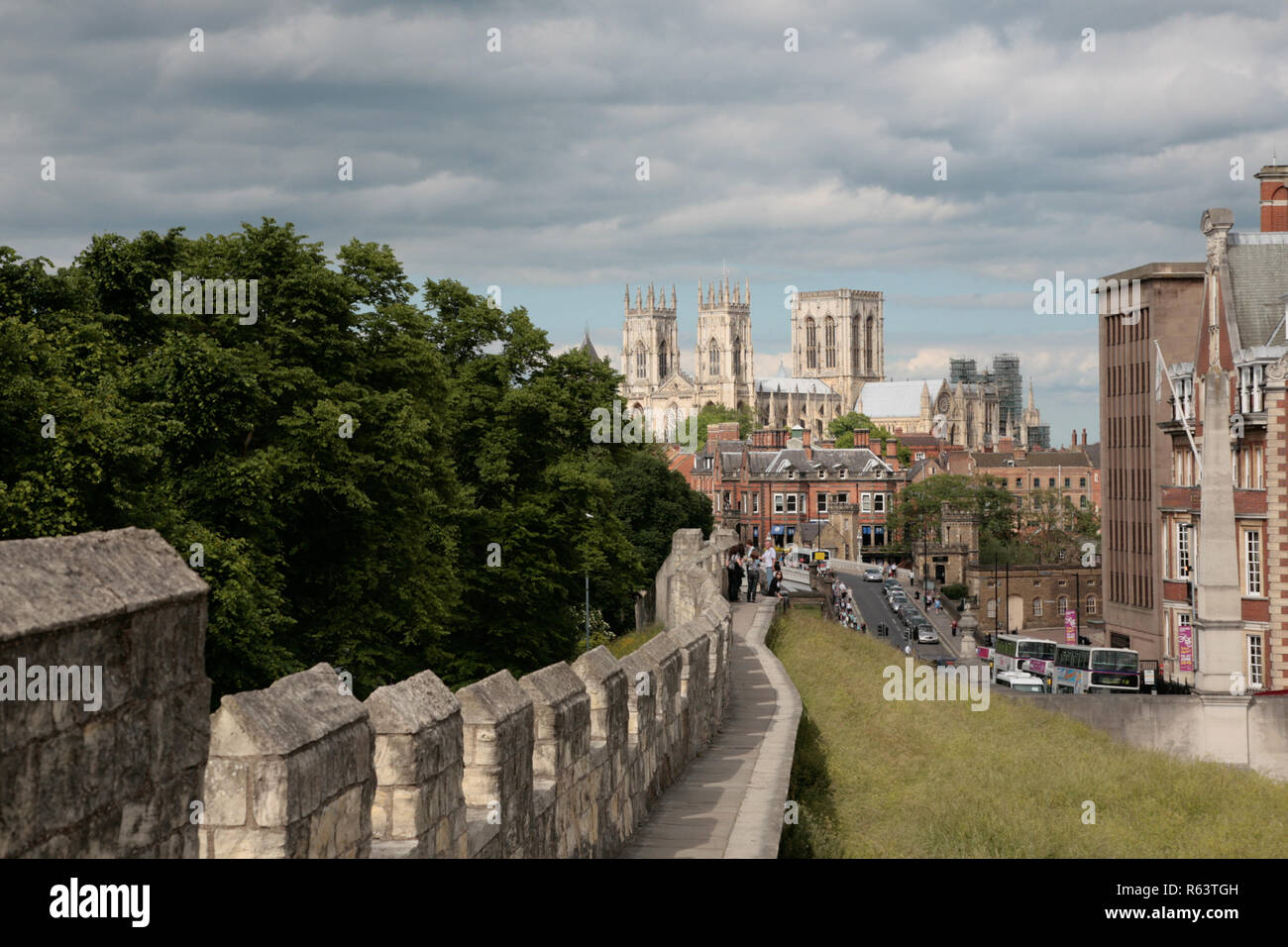 York with York Minster and walled walkway. Colour landscape, sunny day ...